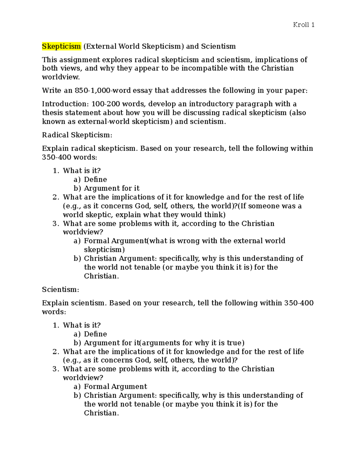Skepticism Scienticism - Kroll 1 Skepticism (External World Skepticism ...