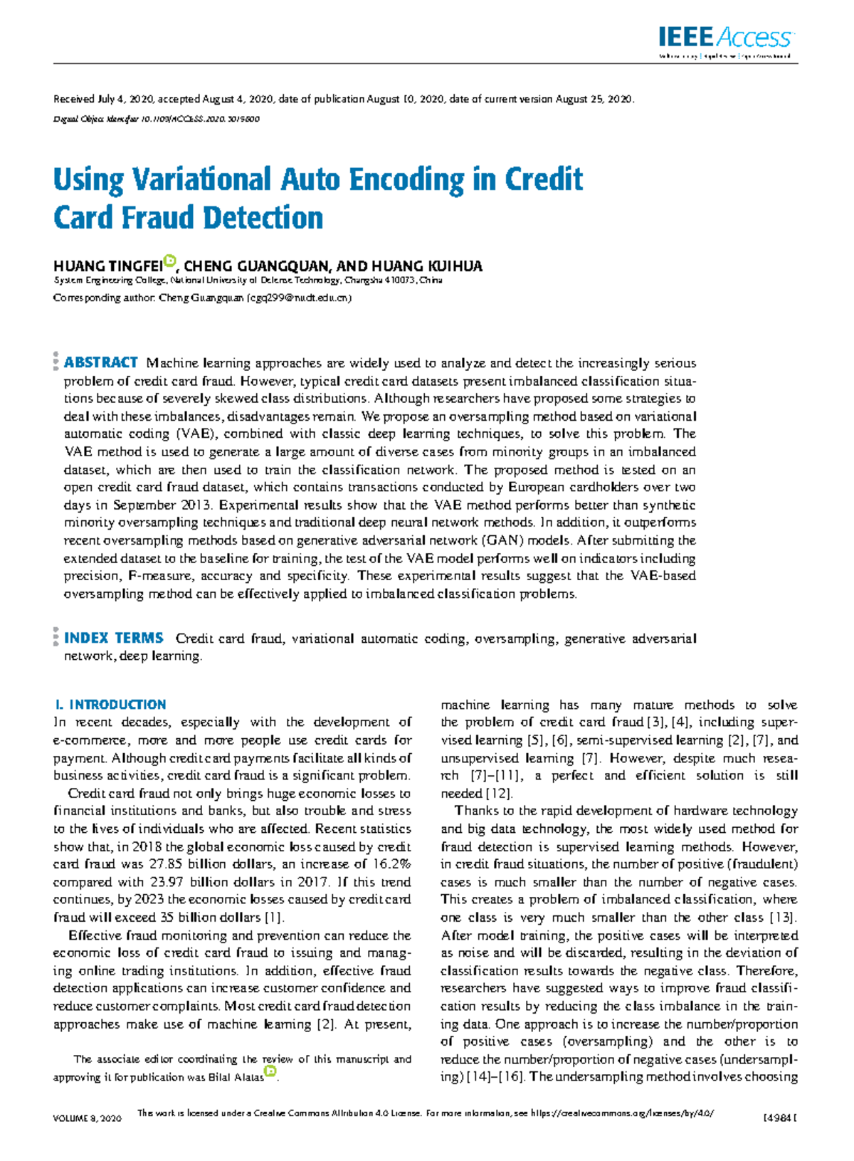 Using Variational Auto Encoding in Credit Card Fraud Detection - Received July 4, 2020, accepted ...