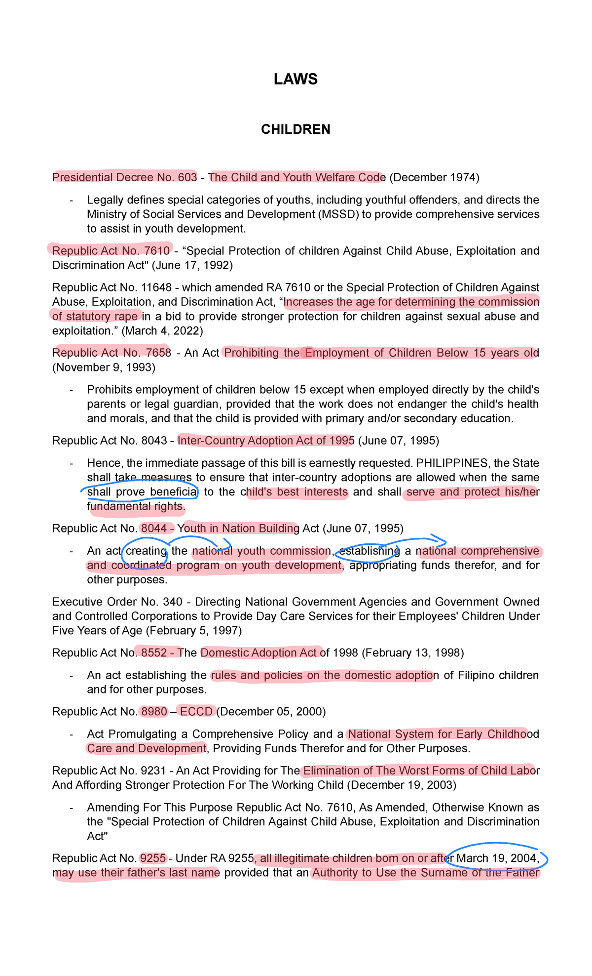 LAWS edited - LAWS CHILDREN Presidential Decree No. 603 - The Child and ...