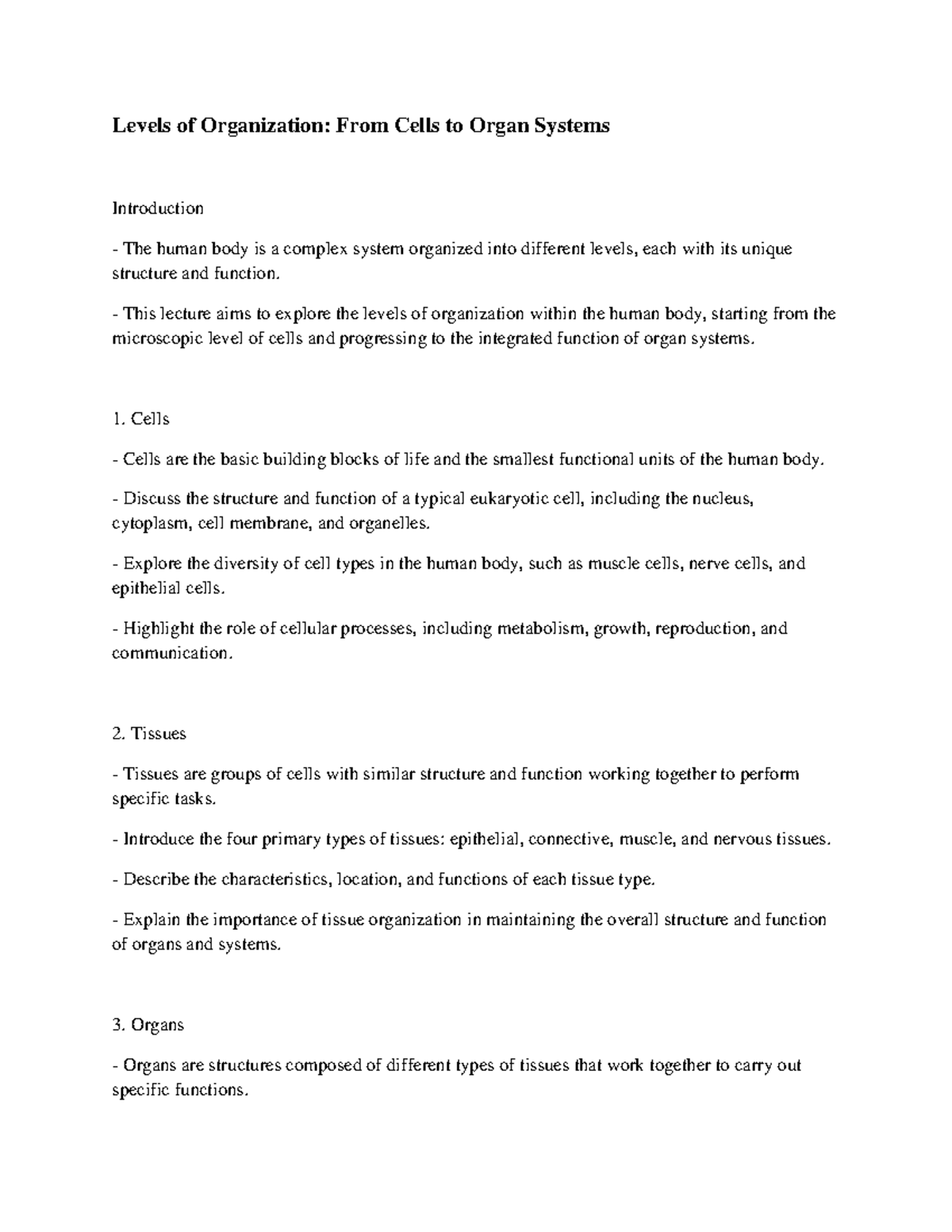 Levels of Organization - From Cells to Organ Systems - Levels of ...