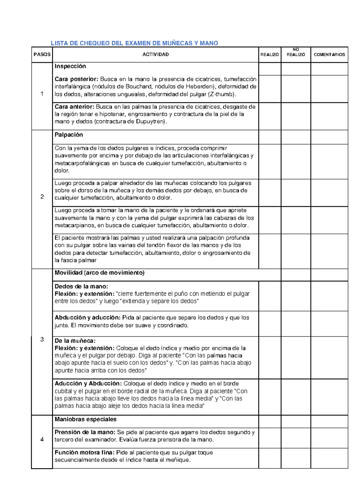 Check LIST MANO - Practico, reporte - LISTA DE CHEQUEO DEL EXAMEN DE ...