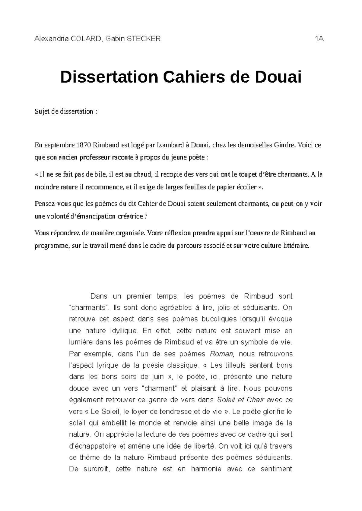 Dissertation Rimbaud - Alexandria COLARD, Gabin STECKER 1A Dissertation ...