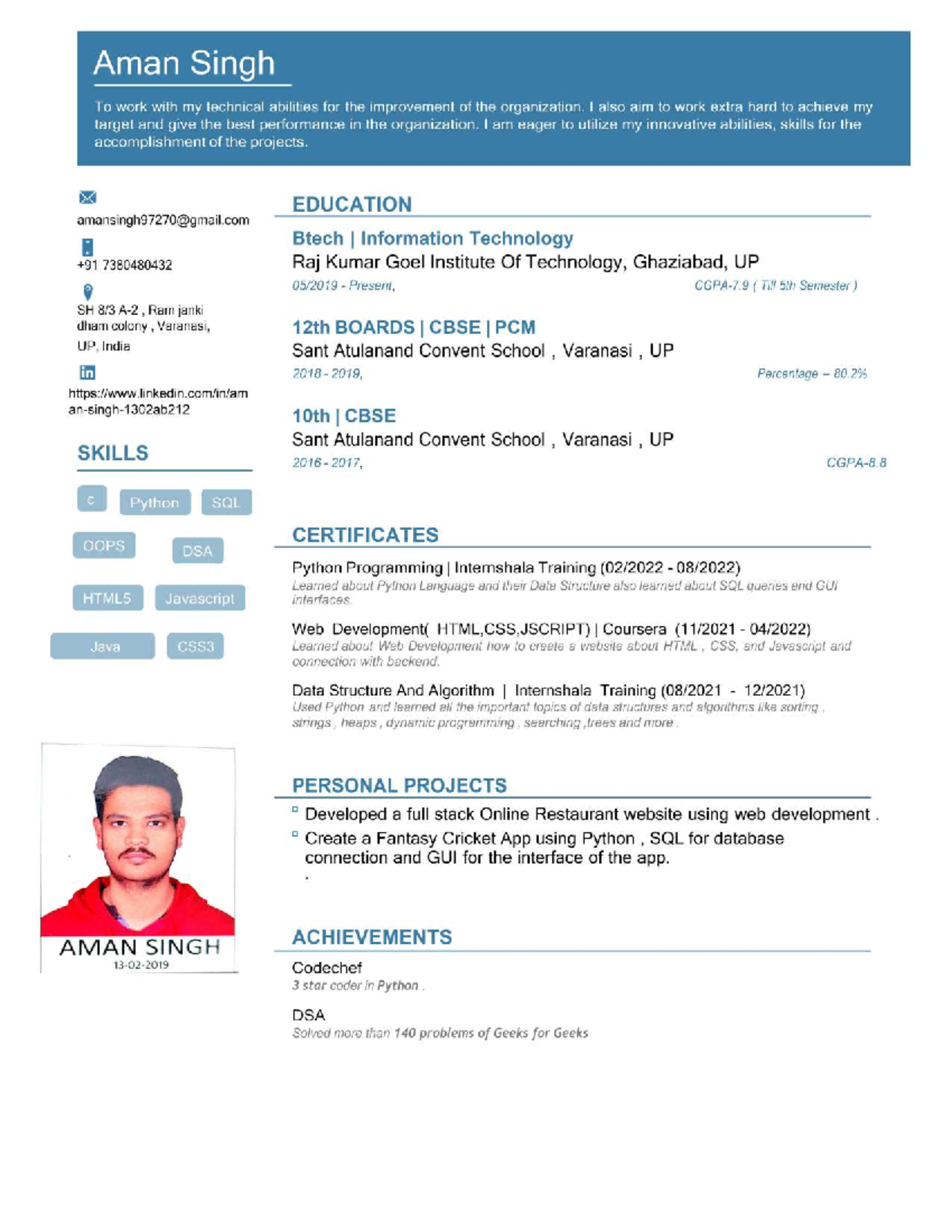 Aman Singh IT1 compressed - OOPS HTML5 Javascript Java CSS DSA amansingh97270@gmail +91 ...