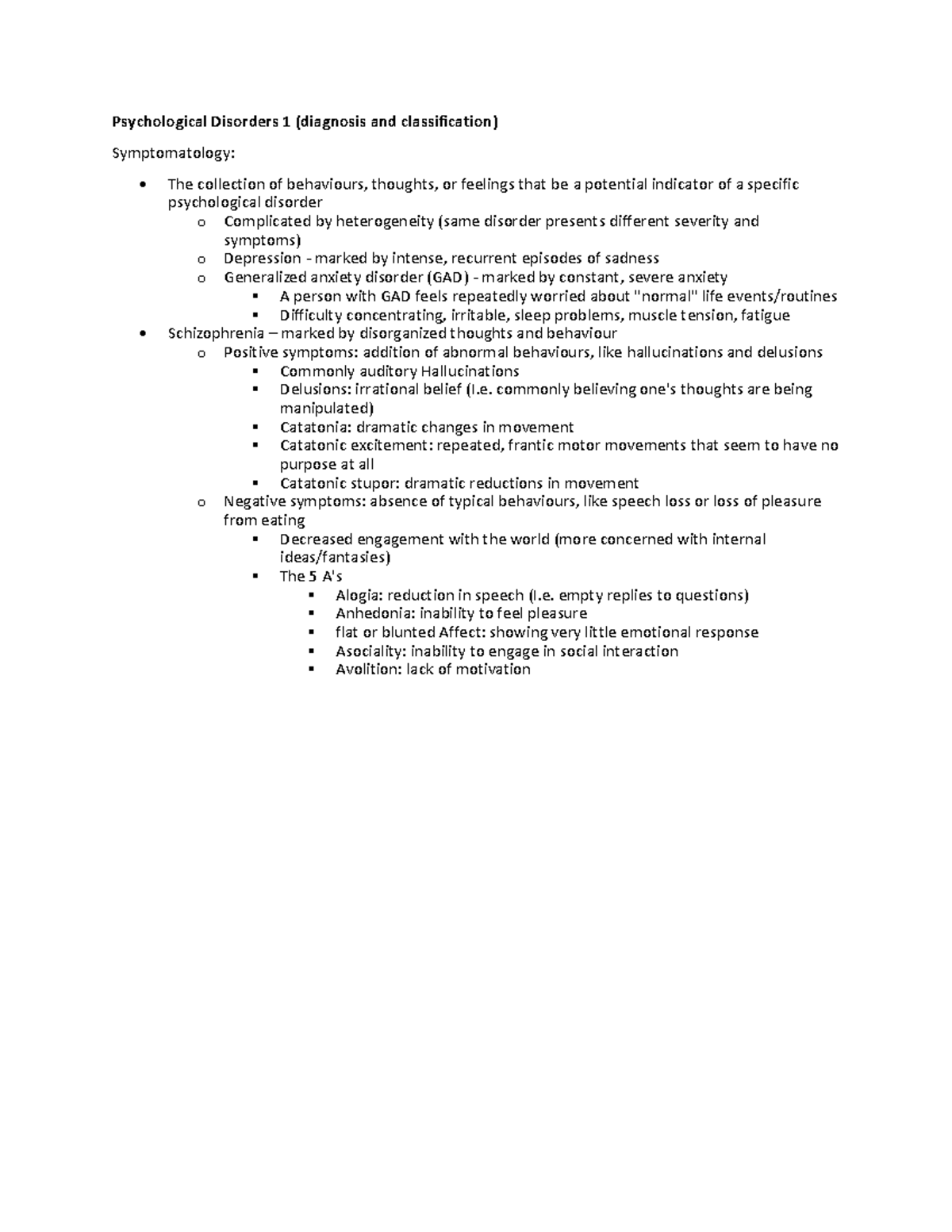Symptomatology - Psychological Disorders 1 (diagnosis and ...