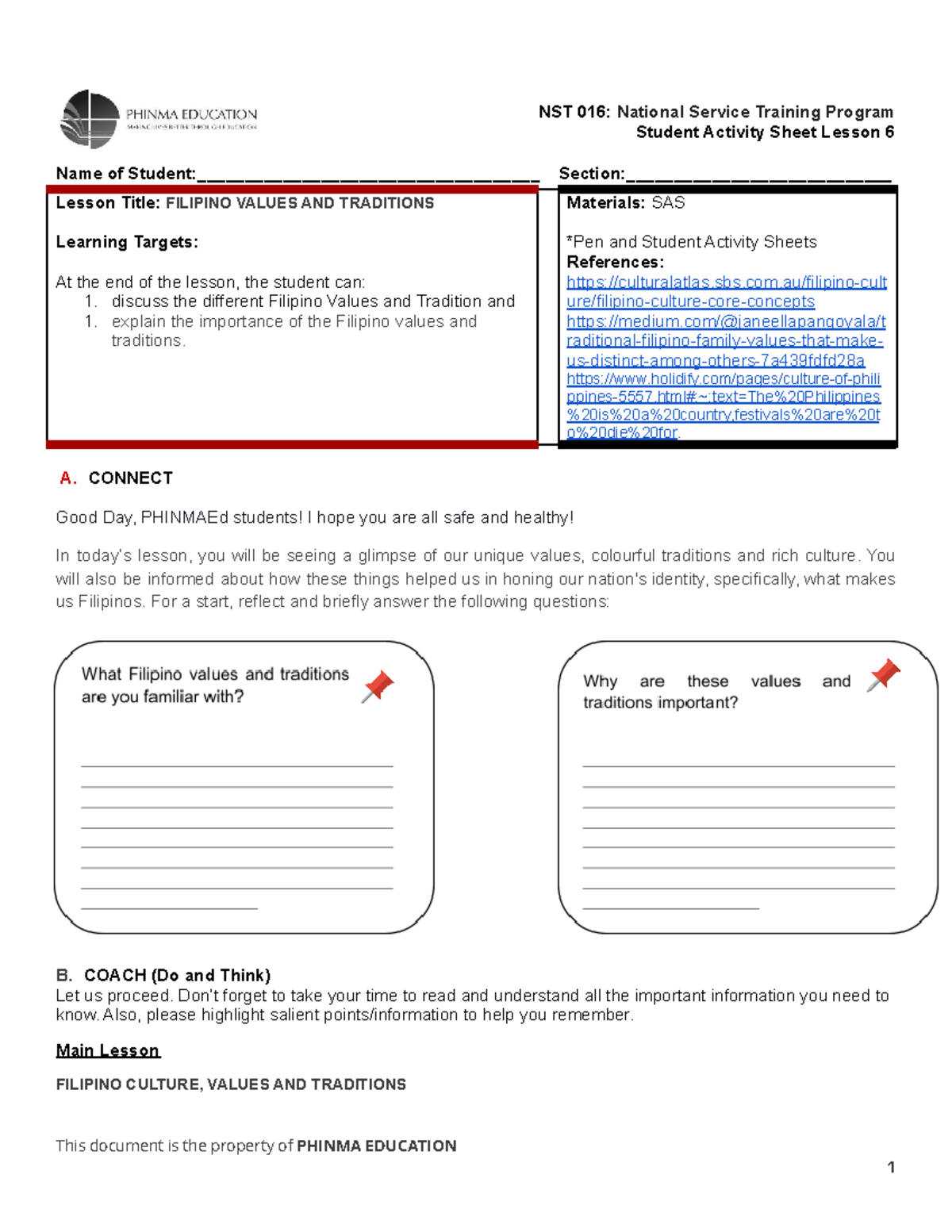 SAS 6 Filipino Values AND Traditions - Student Activity Sheet Lesson 6 ...