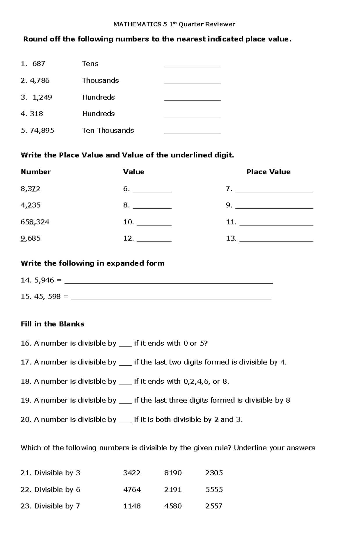 Math 5 1st Quarter Reviewer - MATHEMATICS 5 1st Quarter Reviewer Round ...