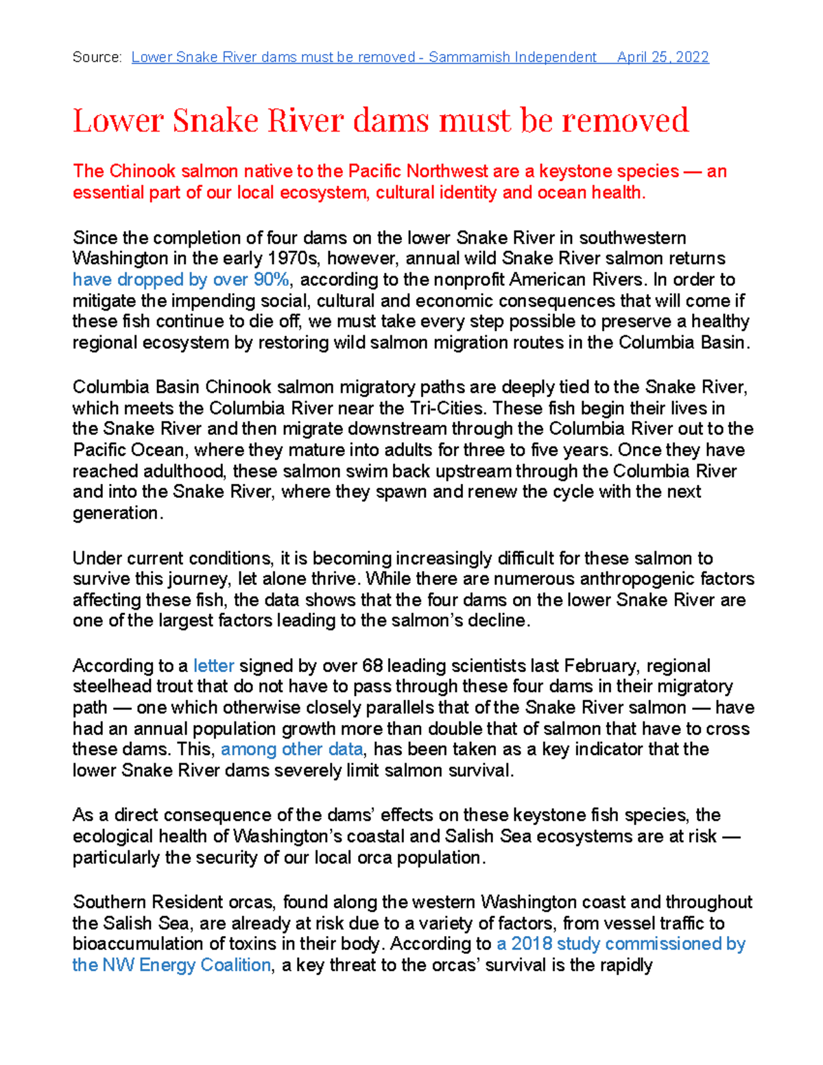 Dam Removal Persuasive Piece by HS student - Source: Lower Snake River ...