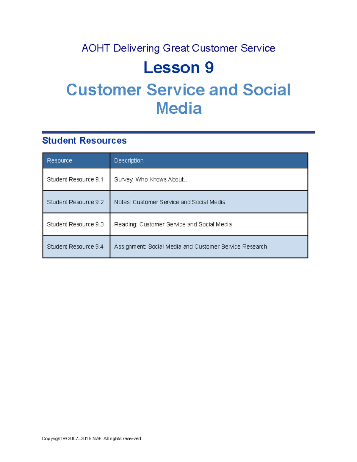 Customer Service Lesson 9 Student Resource 113014 - Lesson 9 Customer ...
