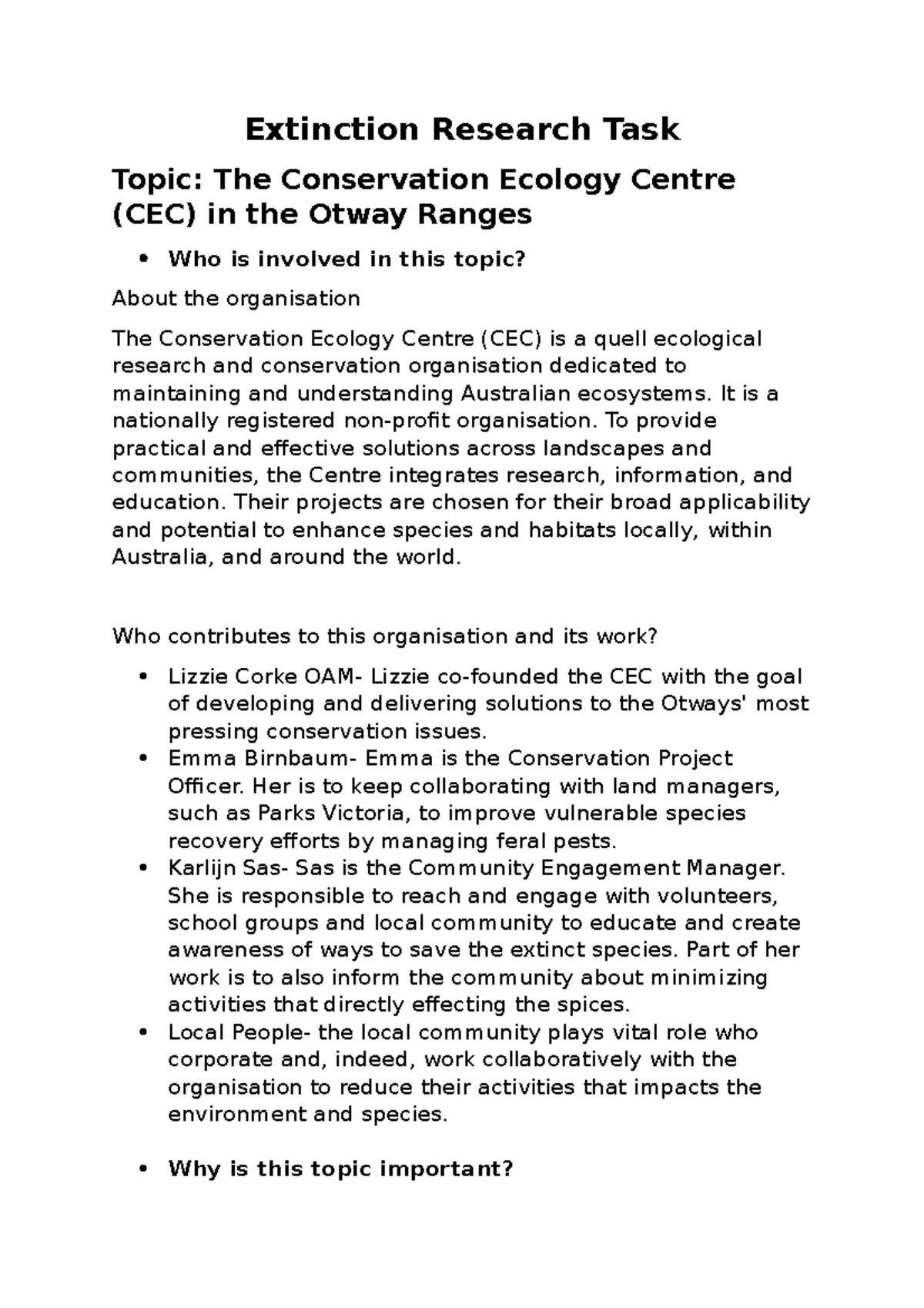 Extinction Research Task- A0S1 2022 - Extinction Research Task Topic ...