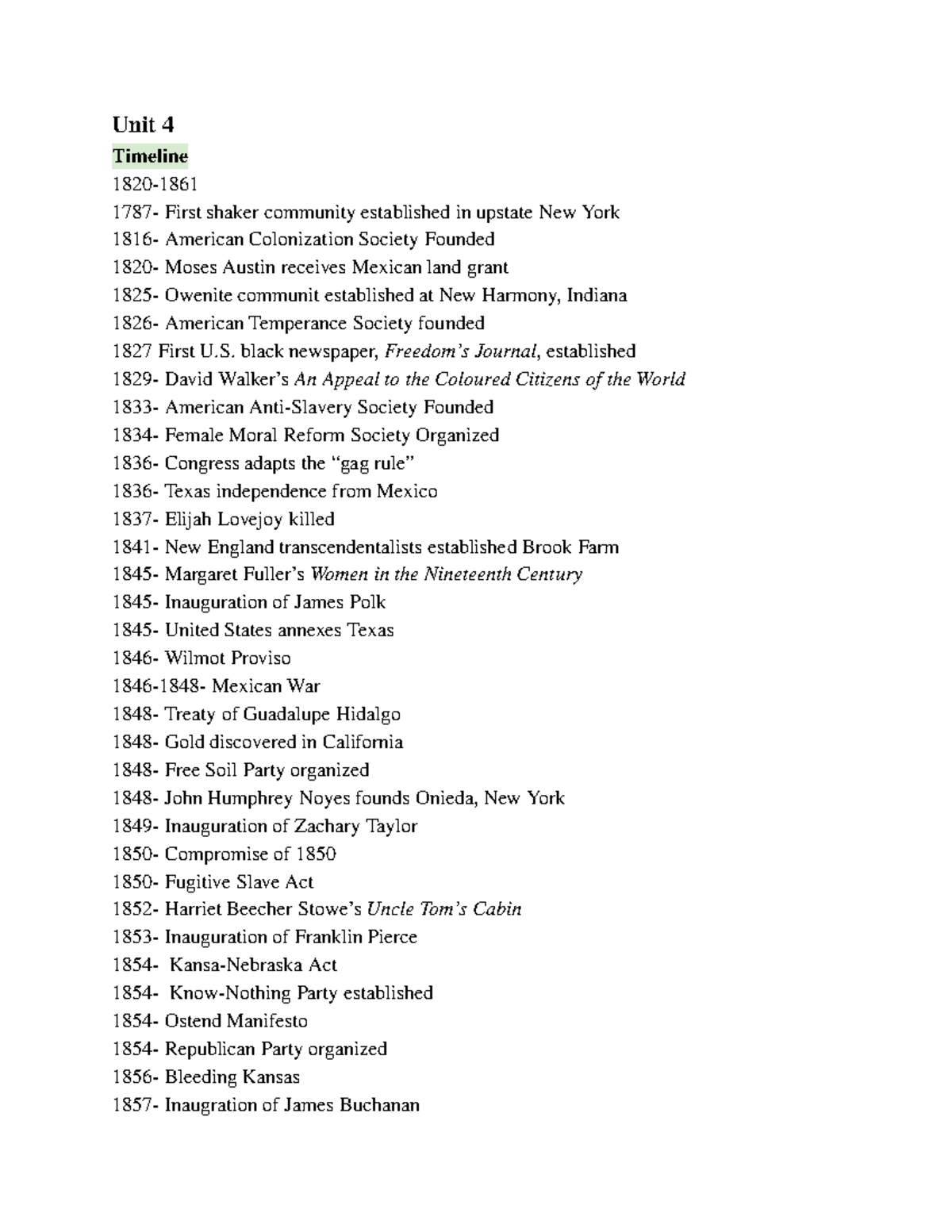 AP united states history unit 4 heimler - Unit 4 Timeline 1820- 1787 ...