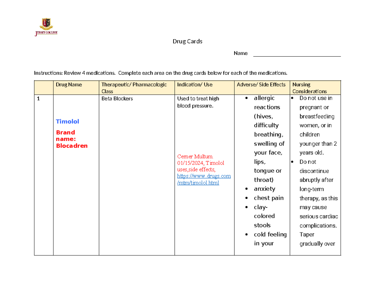 Form for Drug Card Activity (1) 2 - Drug Cards Name Instructions ...