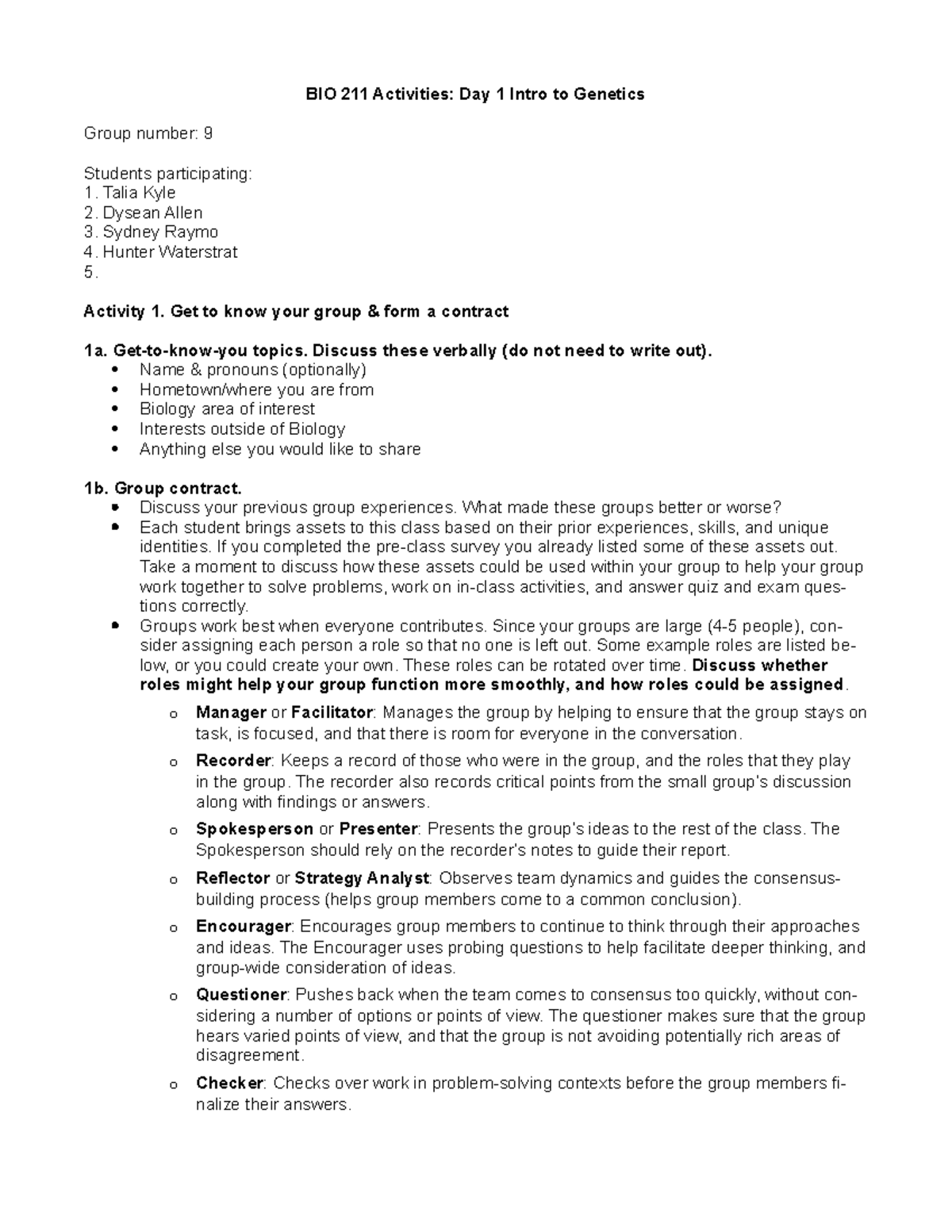 Day 1 TI - In class activities - BIO 211 Activities: Day 1 Intro to ...