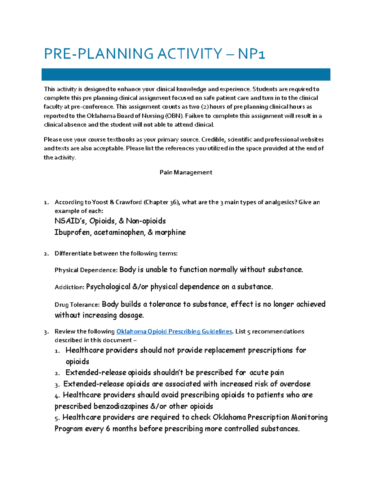 Pre Plan NP1 Pain Management - PRE-PLANNING ACTIVITY – NP This activity ...