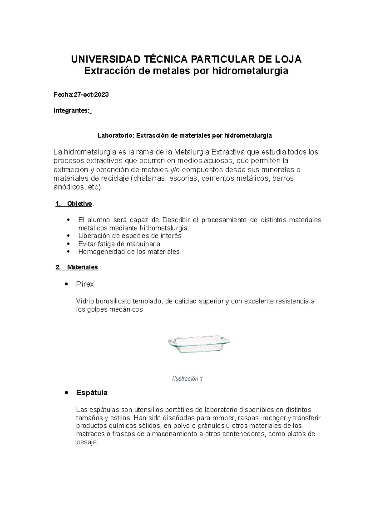 Lab 1 - extraccion de materiales por hidrometalurgia - UNIVERSIDAD TÉCNICA PARTICULAR DE LOJA ...