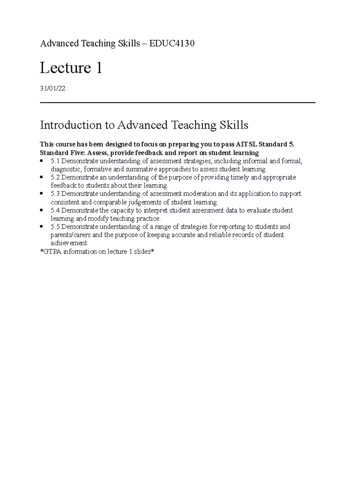 Advanced Lecture Notes - Advanced Teaching Skills – EDUC Lecture 1 31 ...