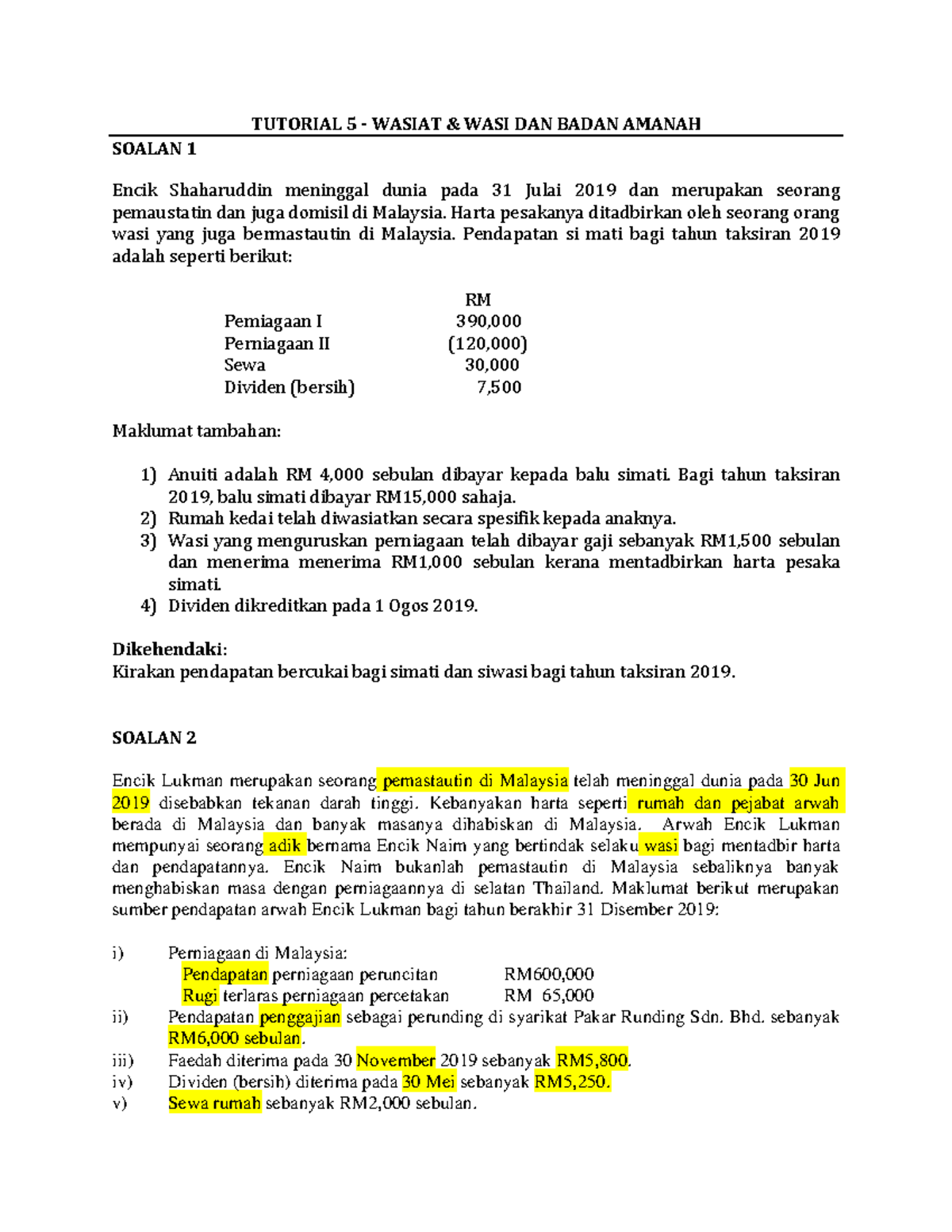 Tutorial 05 Harta Pesaka & Badan Amanah - TUTORIAL 5 - WASIAT & WASI DAN BADAN AMANAH SOALAN 1 ...