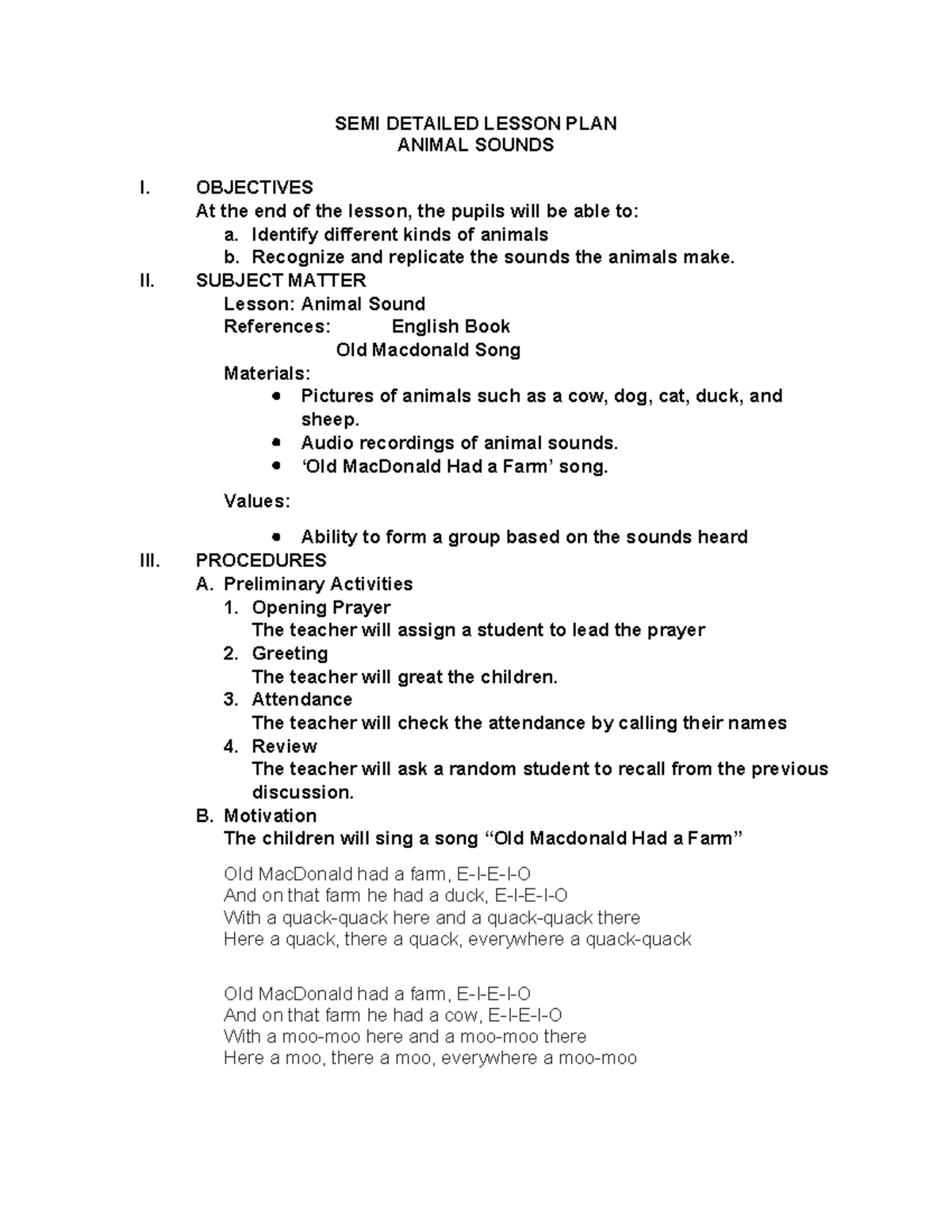 SEMI Detailed Lesson PLAN Animal Sounds - SEMI DETAILED LESSON PLAN ...