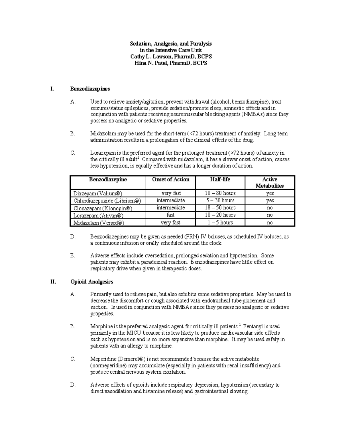 Sedation, Analgesia, & Paralytics - Sedation, Analgesia, and Paralysis ...