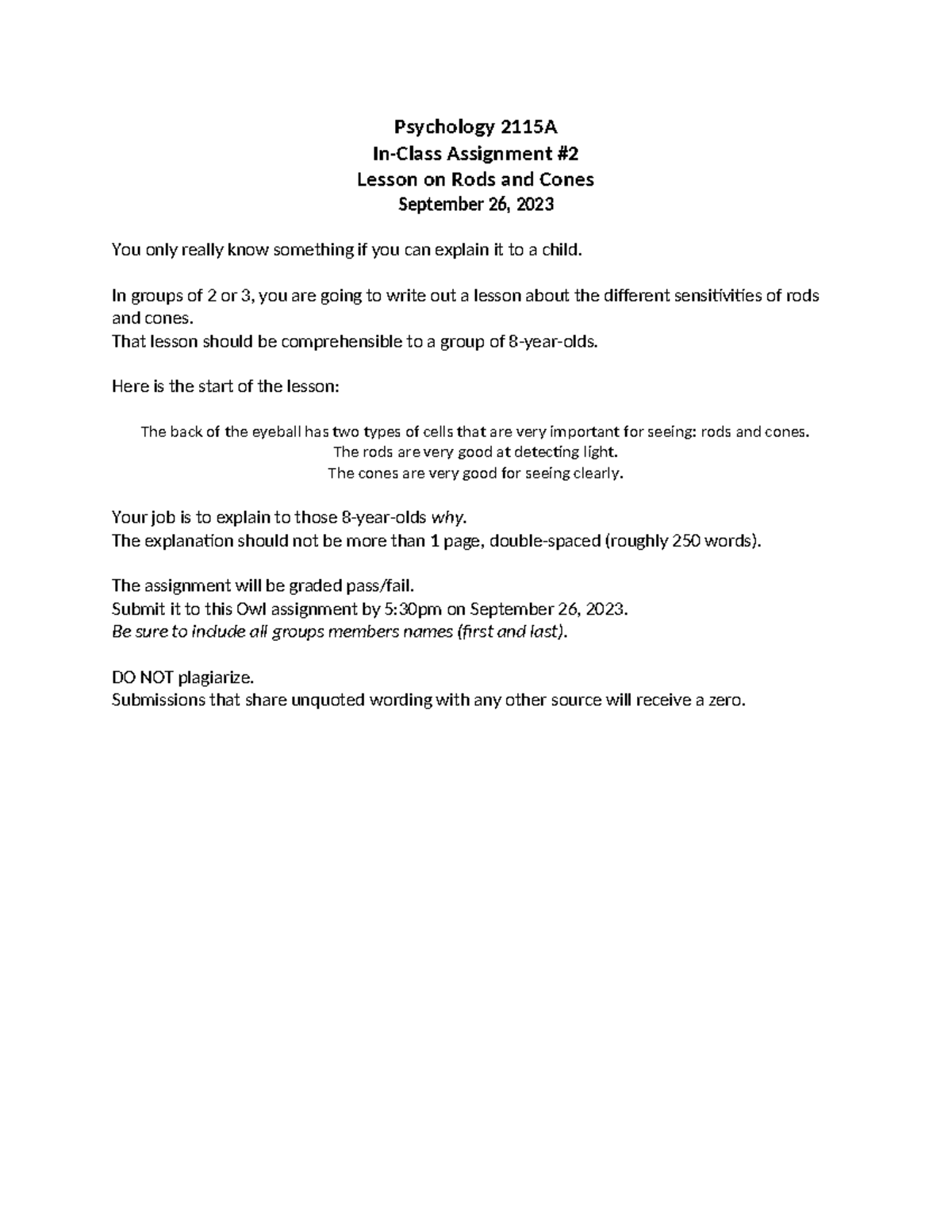 Assignment 2 - Psychology 2115A In-Class Assignment Lesson on Rods and ...