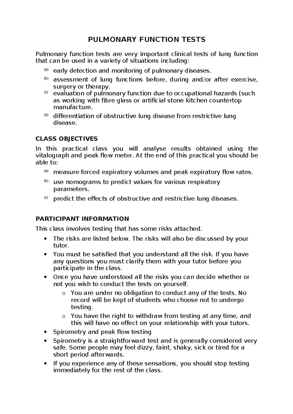 Pulmonary function tests prac - PULMONARY FUNCTION TESTS Pulmonary ...