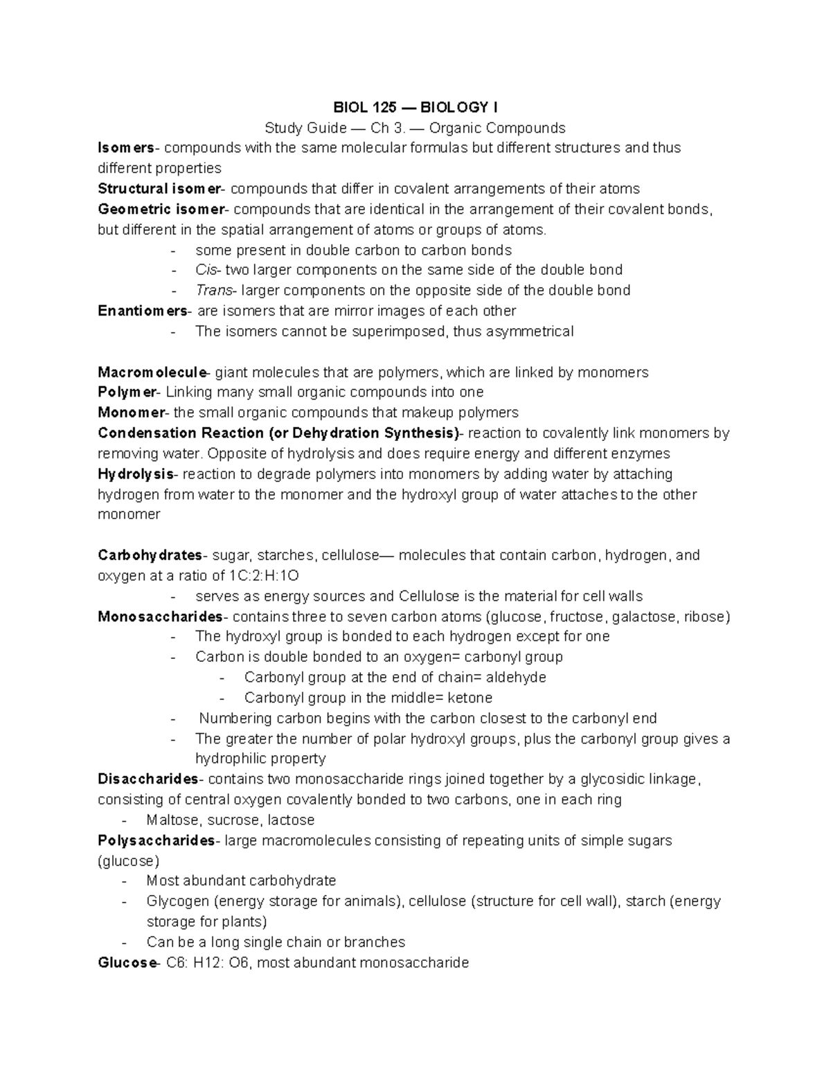 BIOL 125 3,5-6 - biology - BIOL 125 — BIOLOGY I Study Guide — Ch 3 ...