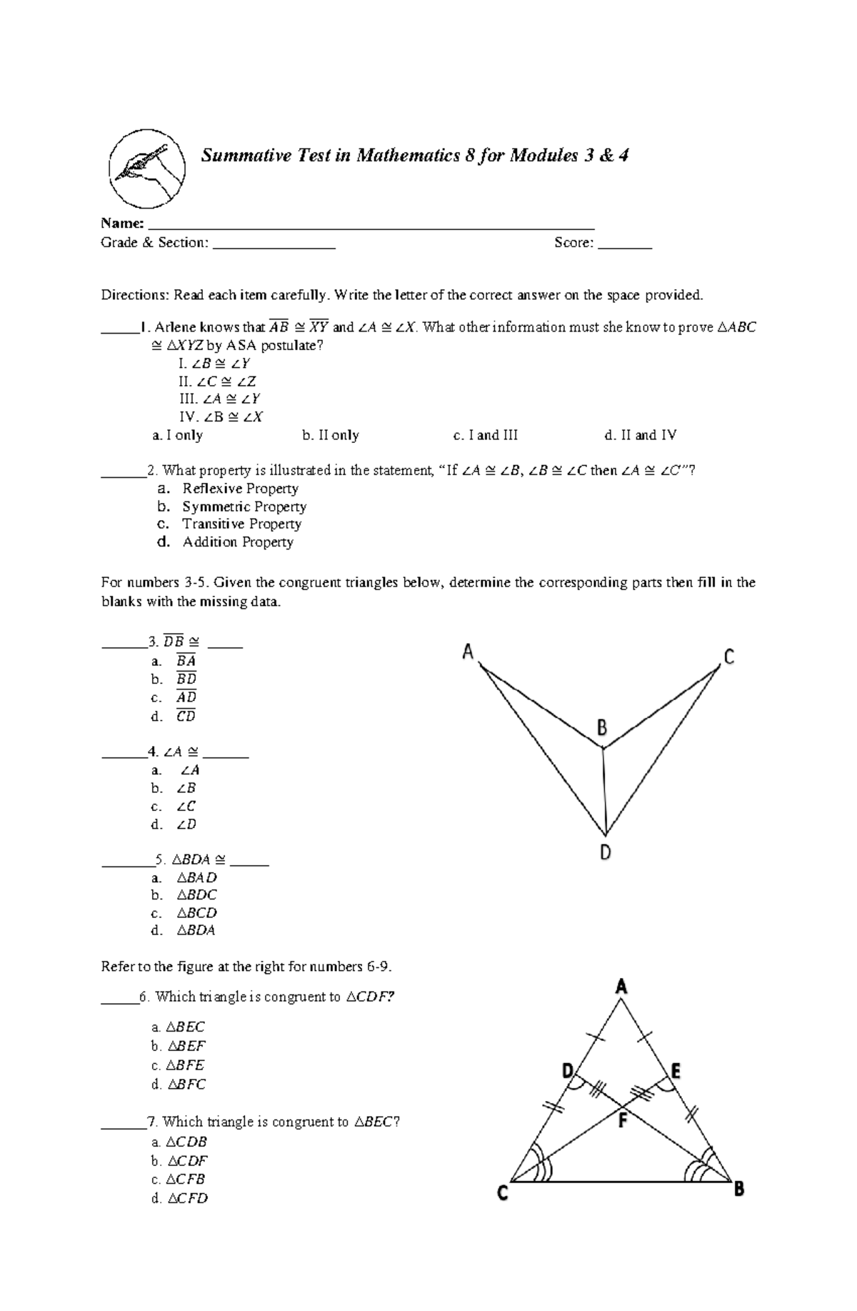 Math8 Summative Test Modules 3 4 Summative Test In Mathematics 8 For
