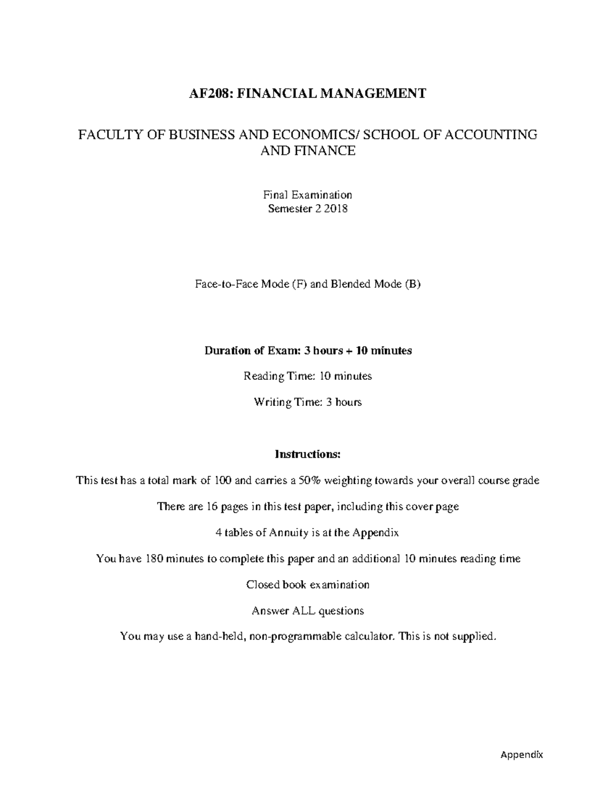 AF208 Exam 2018 2AF 2018 -2019 past year paper university of the south ...