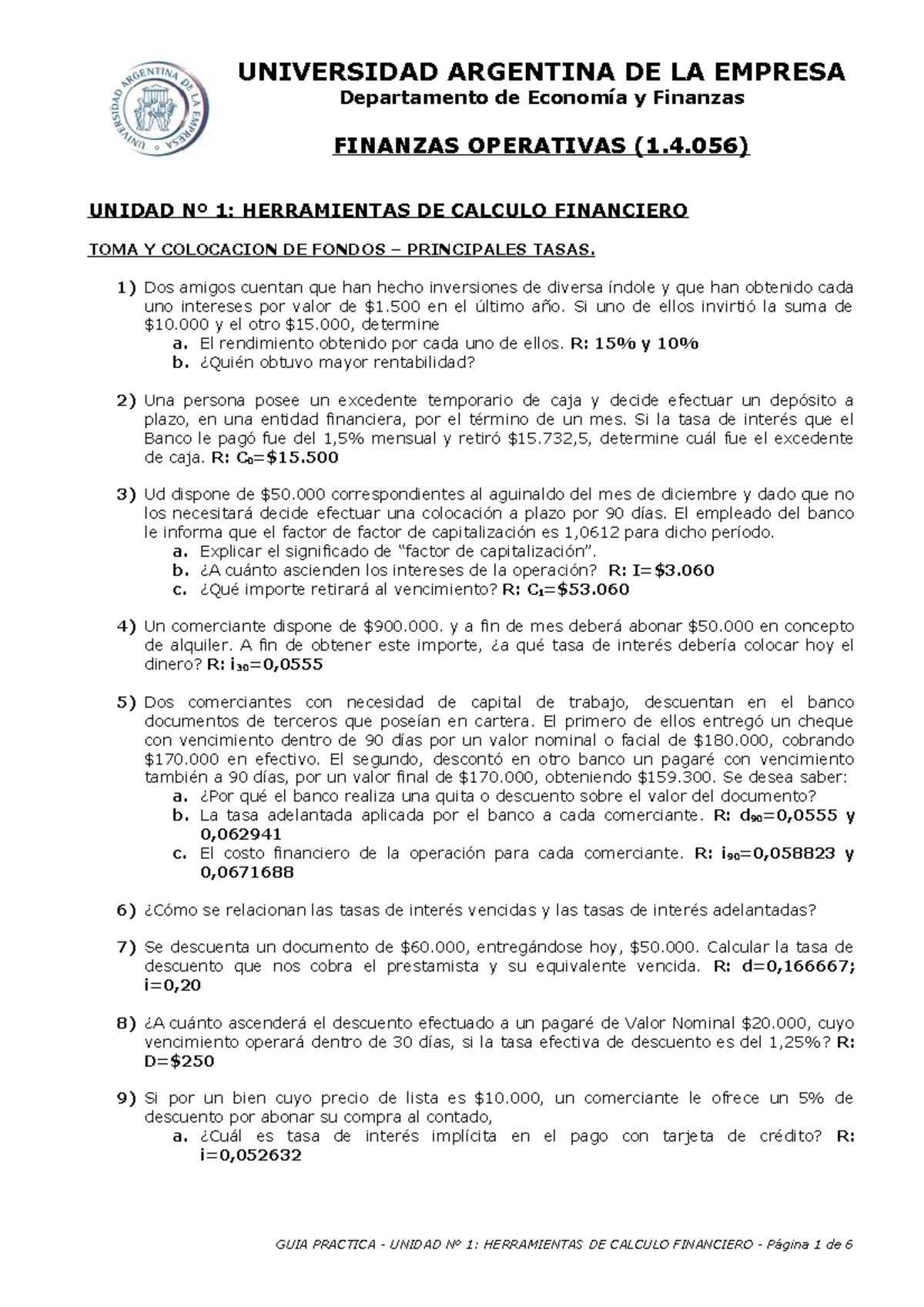 Finanzas Operativas 2020 Prctica Unidad N 1 Herramientas de Clculo ...