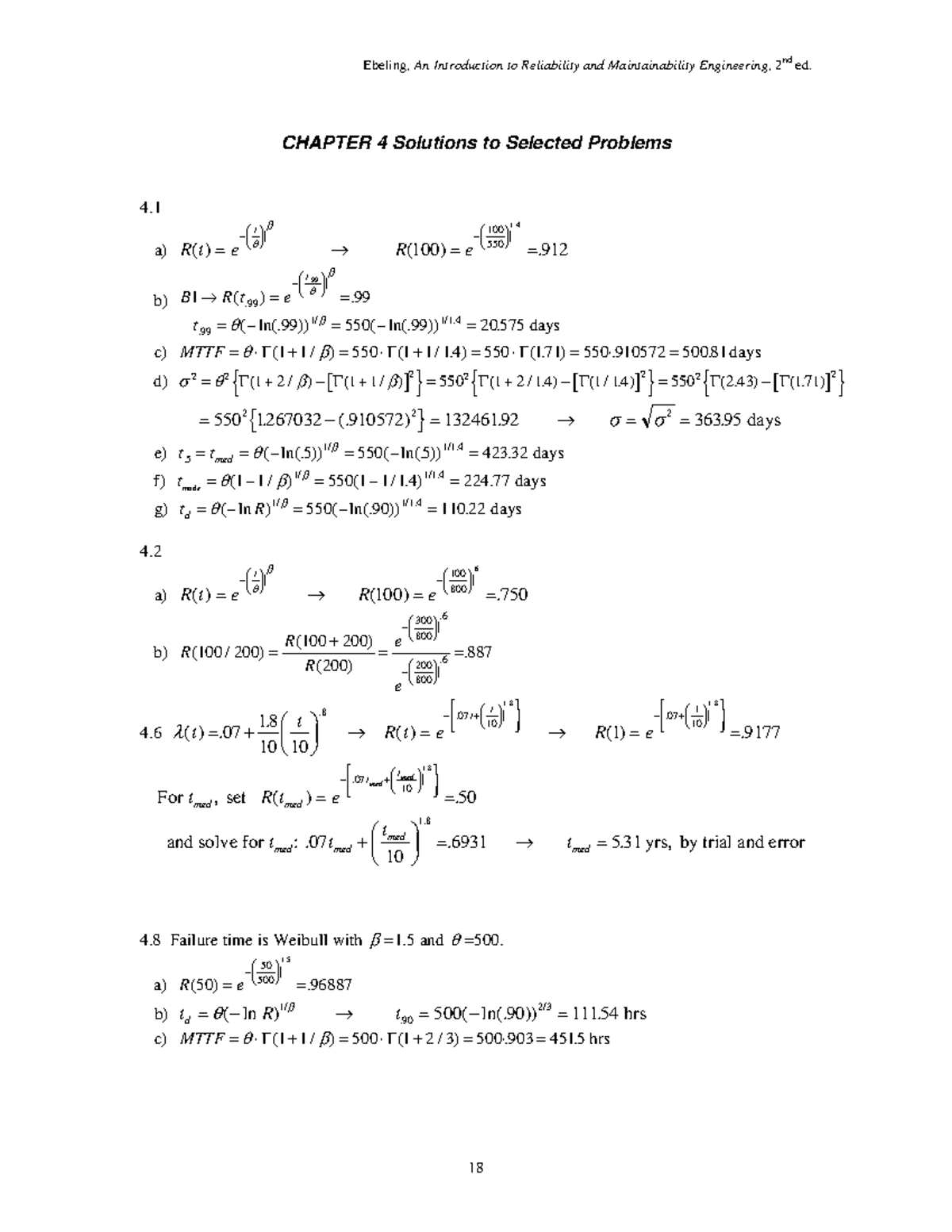 CHAP4 - solutions - Ebeling, An Introduction to Reliability and Maintainability Engineering, 2nd ...
