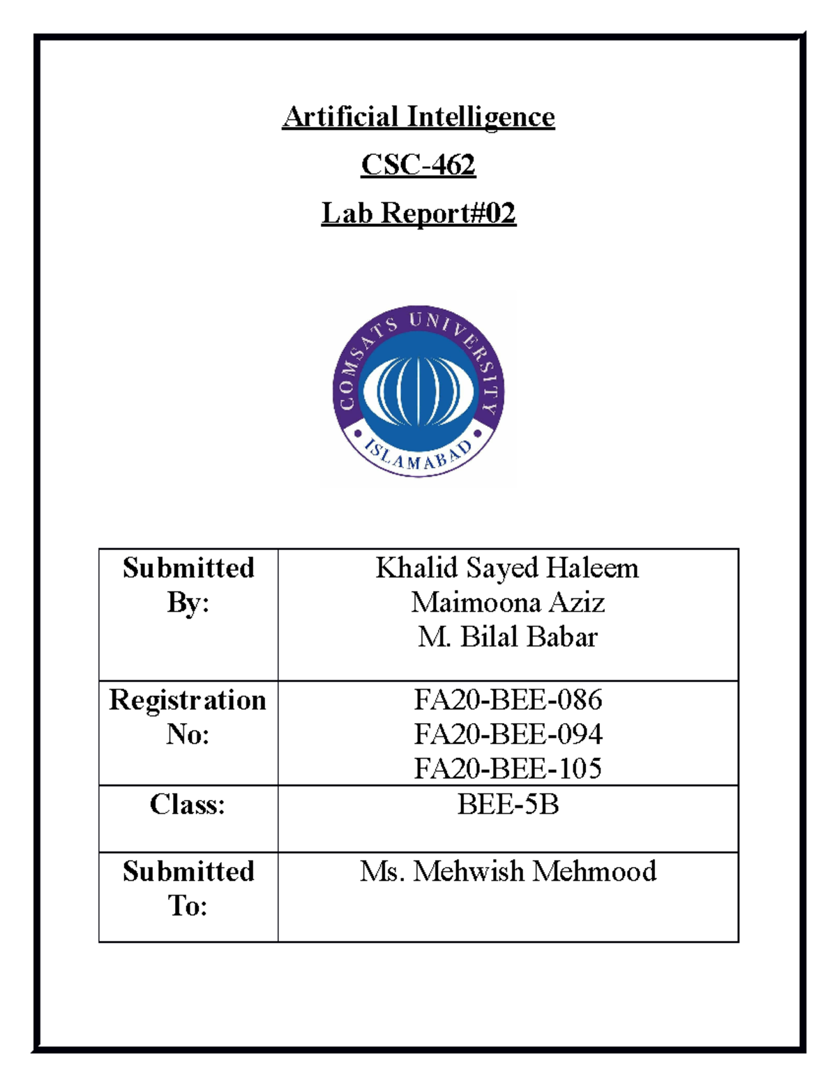 Ai lab2 - lab practicals - Artificial Intelligence CSC- Lab Report ...