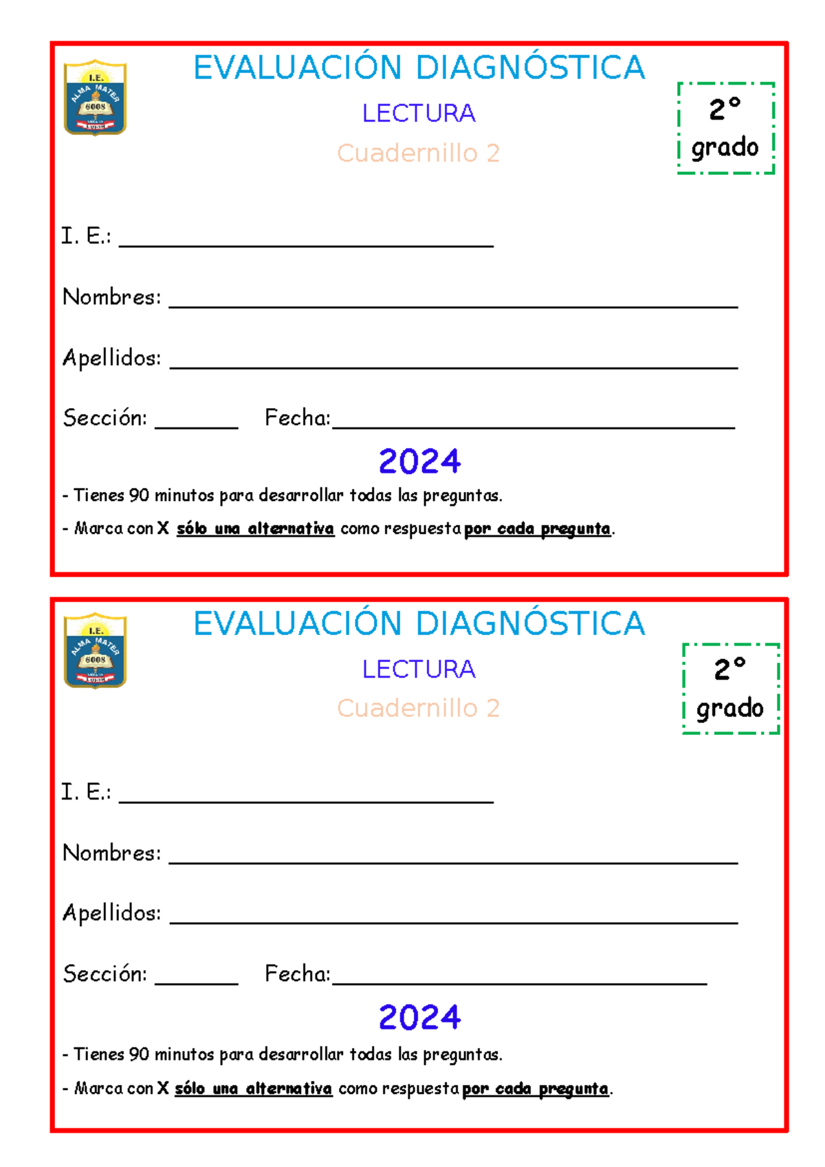 Eval diagnost de Lectura 2 - EVALUACIÓN DIAGNÓSTICA LECTURA Cuadernillo 2 I. E.: - Studocu