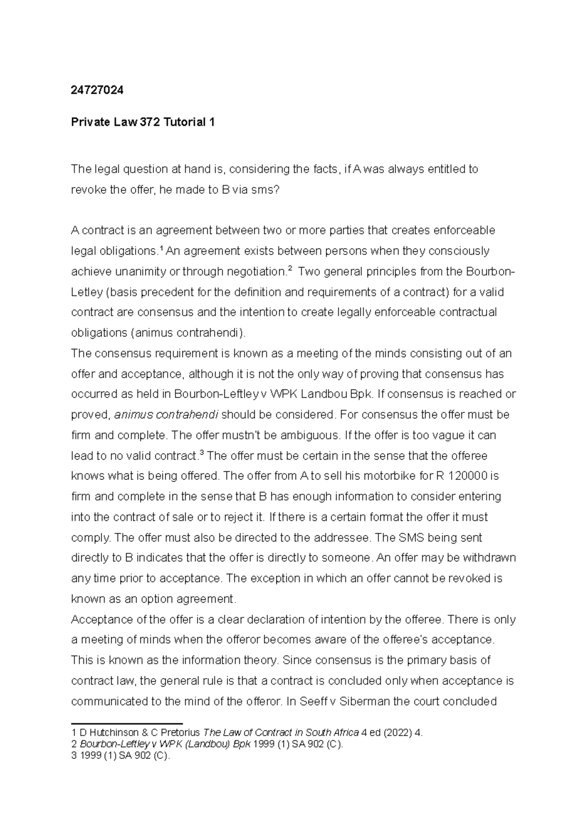 Tutorial 1 Contract requirements - 24727024 Private Law 372 Tutorial 1 ...