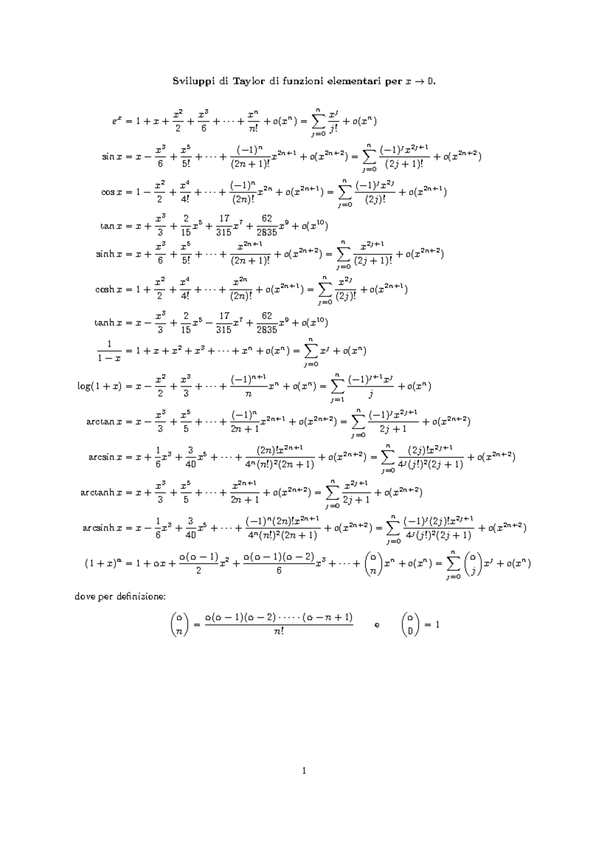 Taylor - Schema - Sviluppi di Taylor di funzioni elementari per x → 0 ...