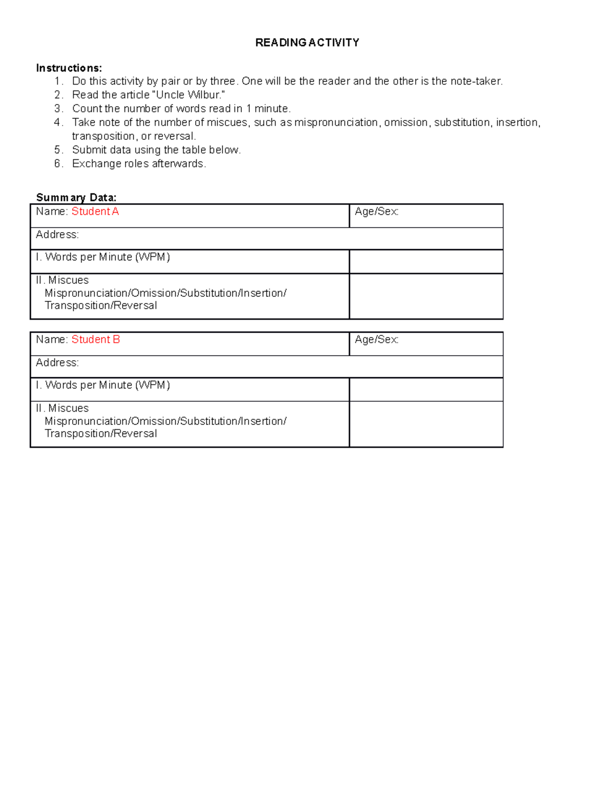 Reading- Activity - READING ACTIVITY Instructions: 1. Do this activity ...
