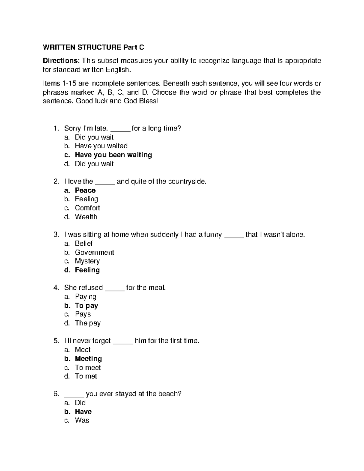Written Structure Part C - WRITTEN STRUCTURE Part C Directions : This ...