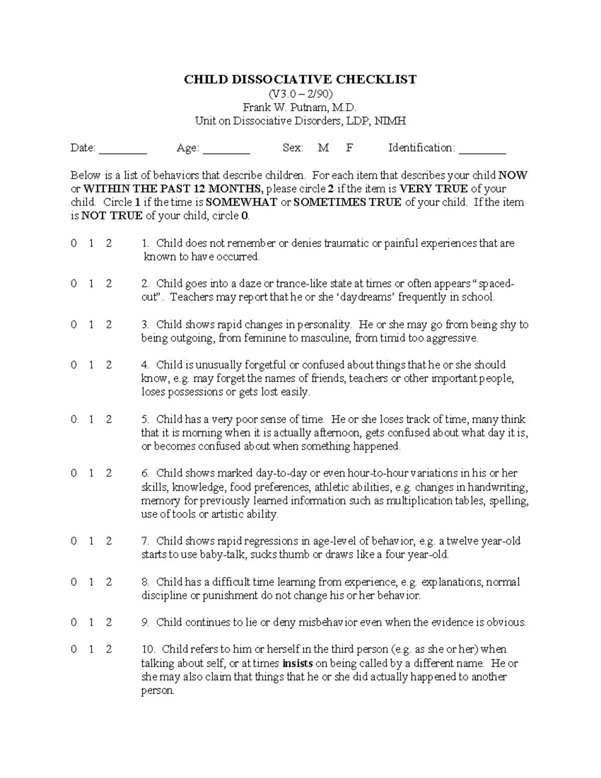 Child Dissociative Checklist Packet-1 - CHILD DISSOCIATIVE CHECKLIST ...