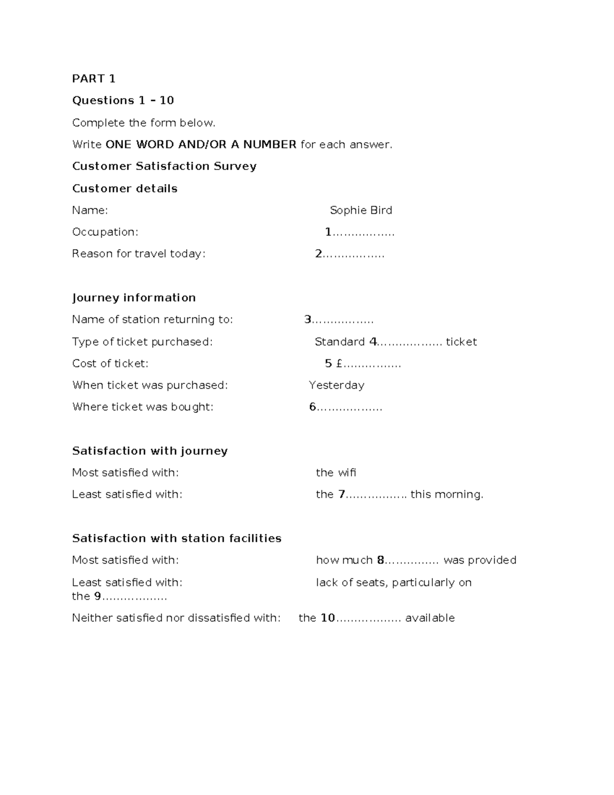 Test and practice 1 - PART 1 Questions 1 – 10 Complete the form below ...