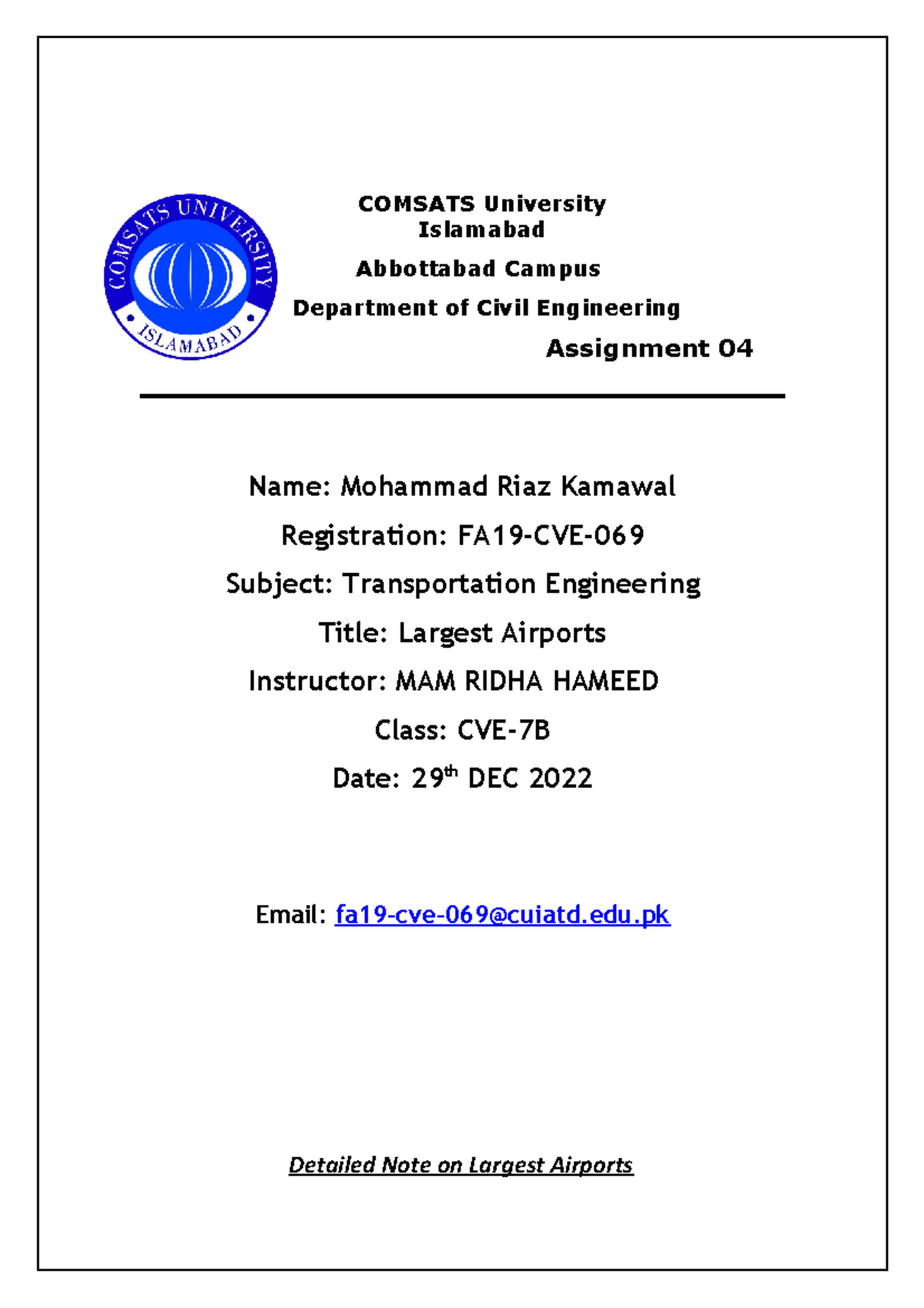 Riaz Assignment 04 (Transportation) - COMSATS University Islamabad ...