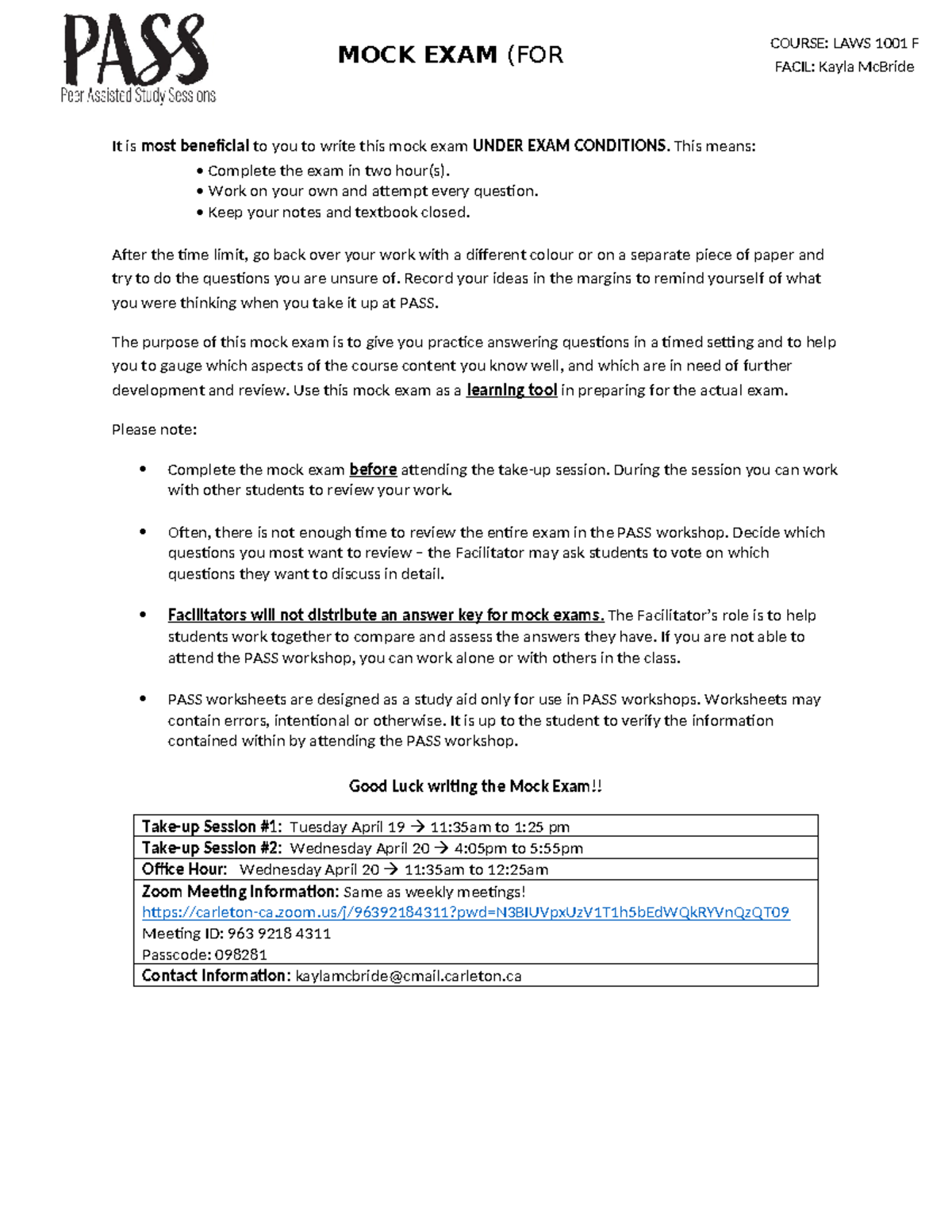LAWS 1001 F - Mock Exam - Course assignment - FACIL: Kayla McBride MOCK ...