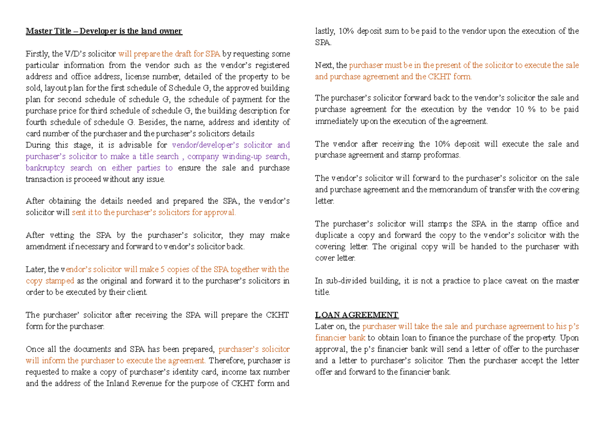 Master Title -Procedure - Master Title – Developer is the land owner ...