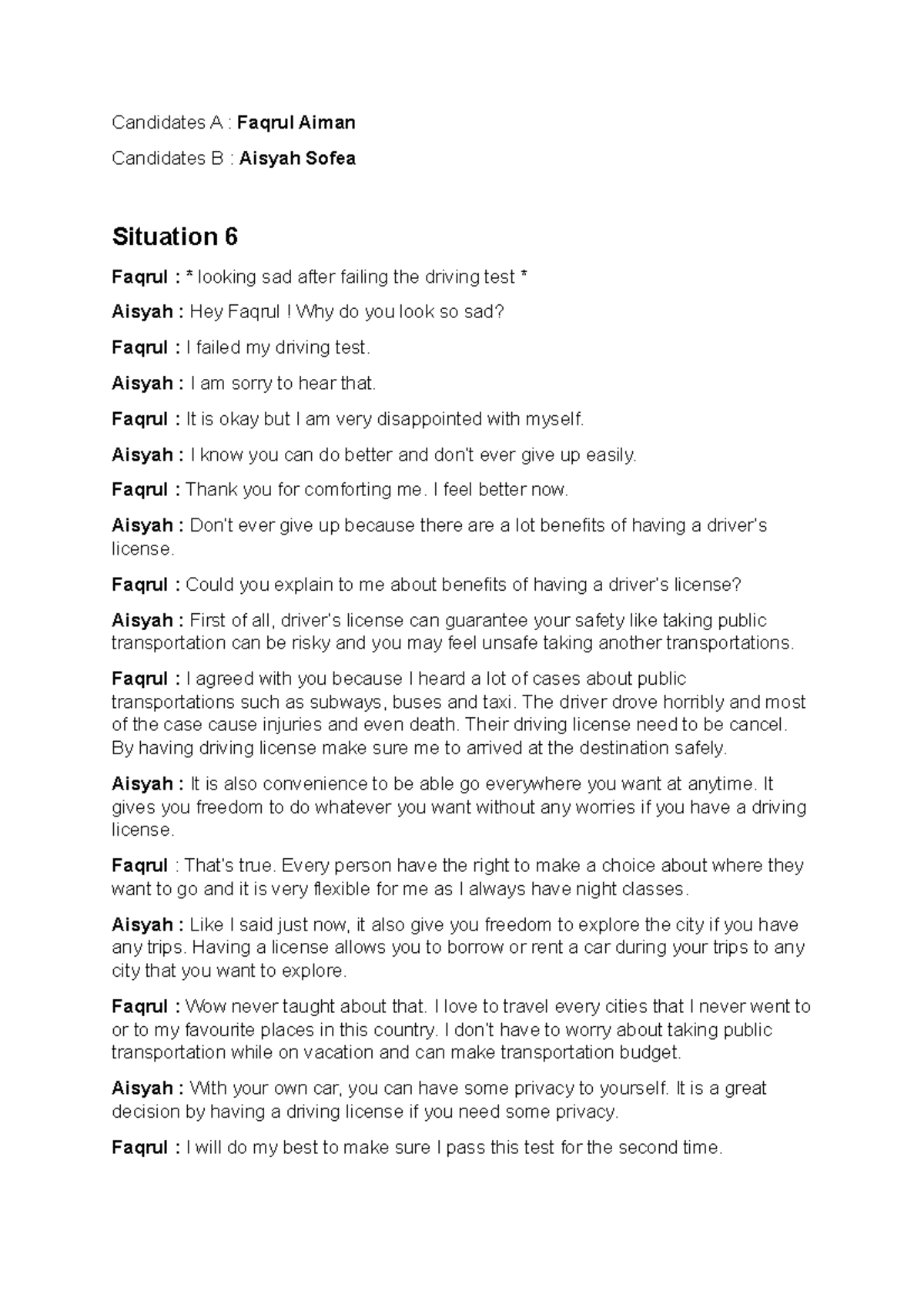Driving lesson- english dialogue (6) (1) (3) - Candidates A : Faqrul ...