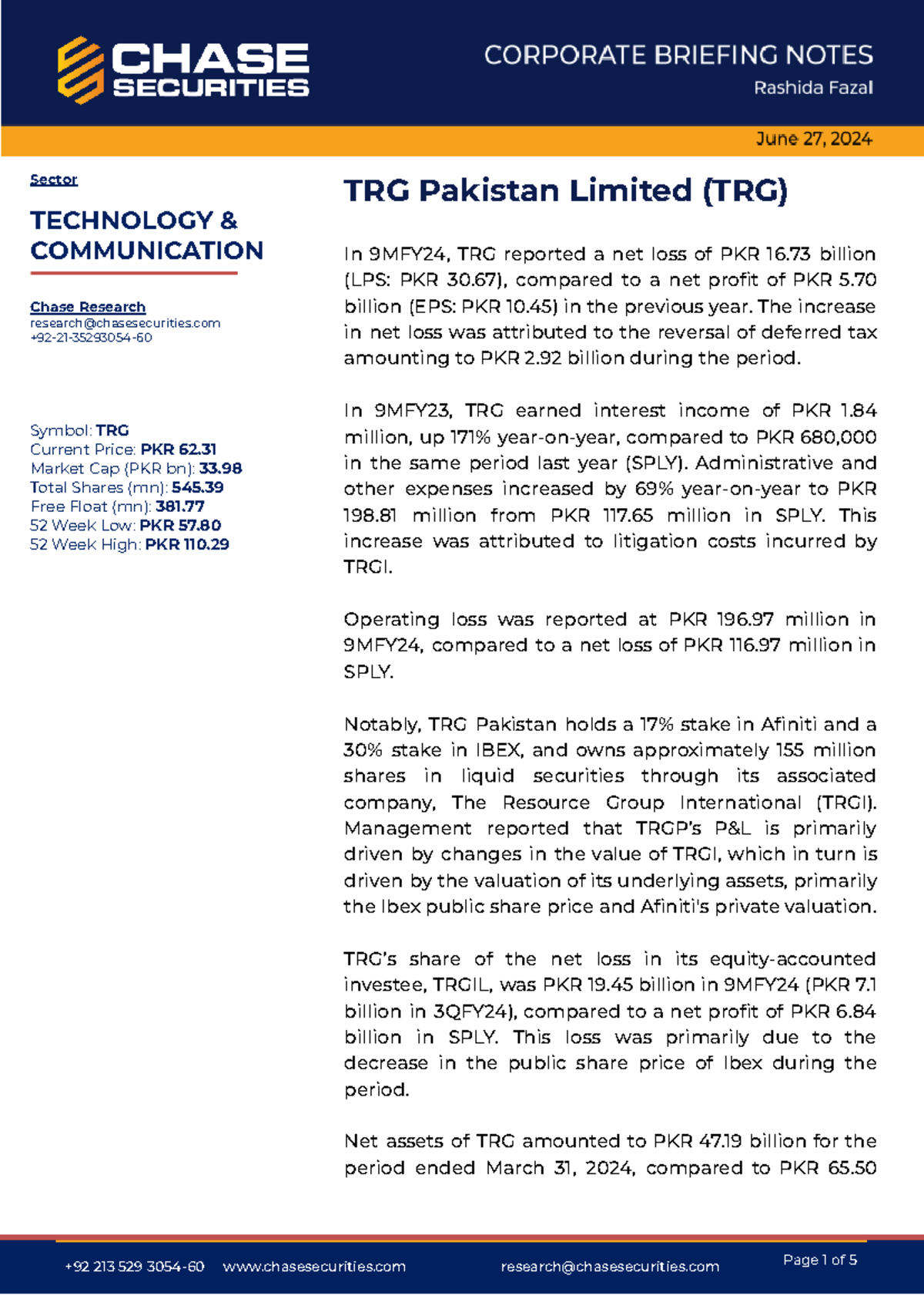 Corporate Briefing Notes- TRG - Sector TECHNOLOGY & COMMUNICATION TRG ...