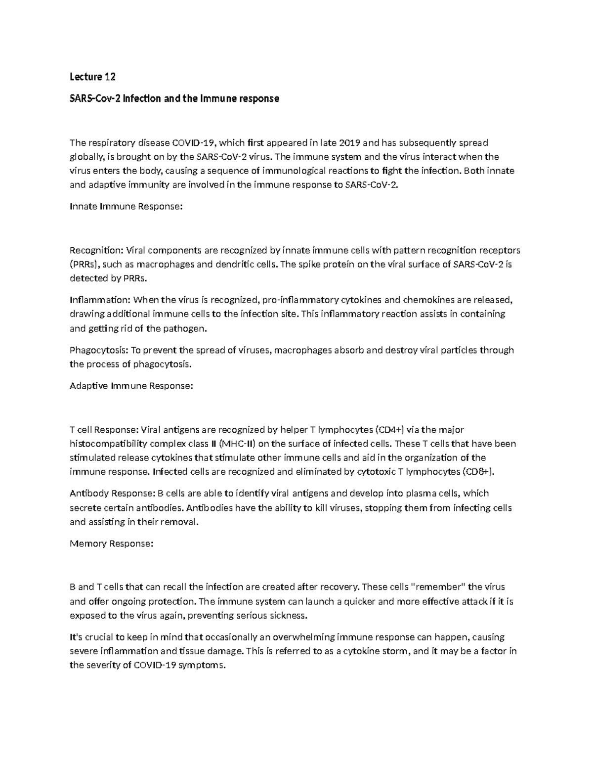 Lecture 12 - notes - Lecture 12 SARS-Cov-2 infection and the immune ...