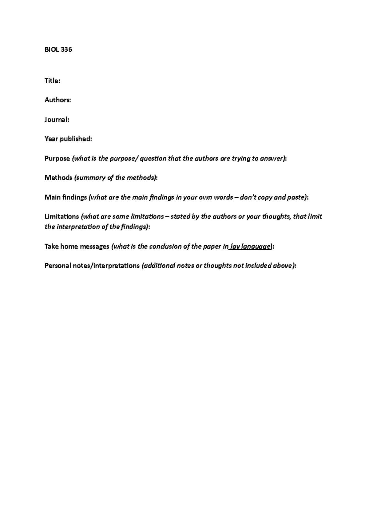 BIOL 336 Set up - knowledge translation - BIOL 336 Title: Authors: Journal: Year published ...