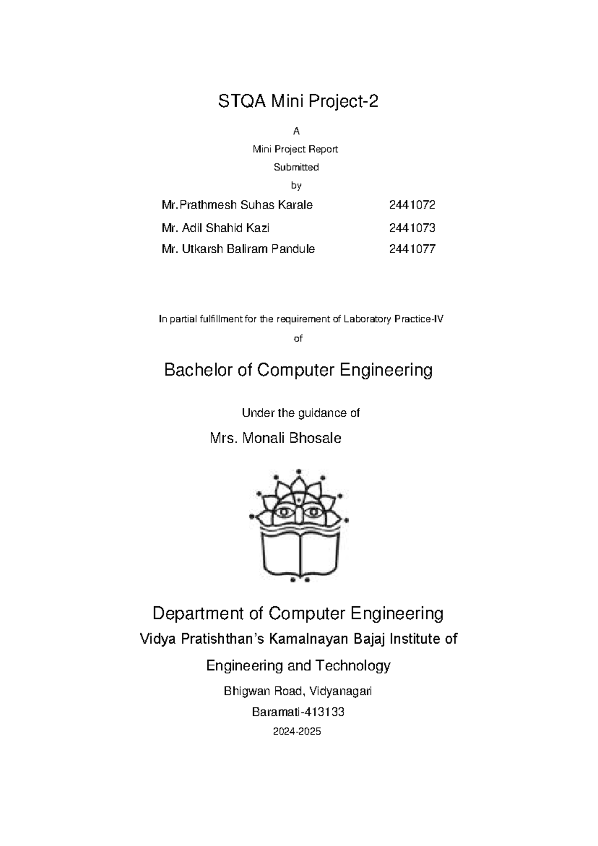 Stqa report - Stqa - STQA Mini Project- 2 A Mini Project Report Submitted by In partial ...