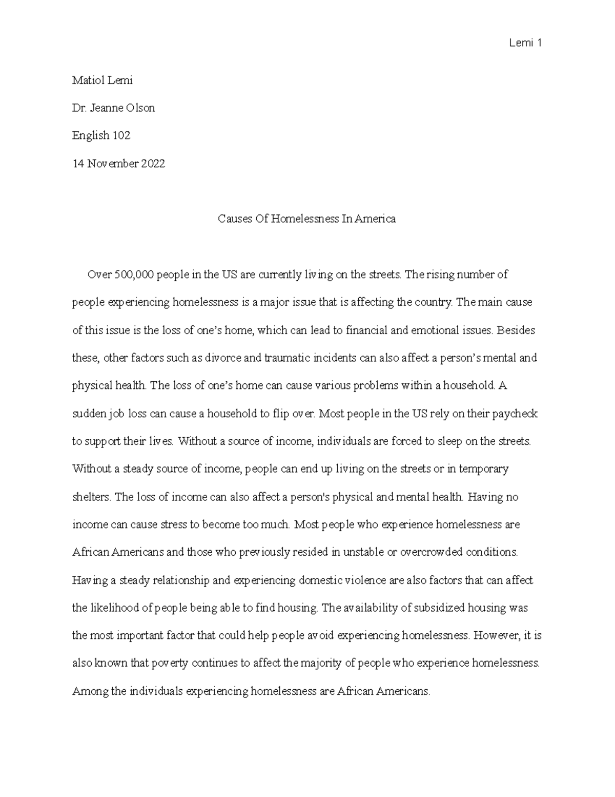 Causal Argument Rough Draft - Matiol Lemi Dr. Jeanne Olson English 102 ...
