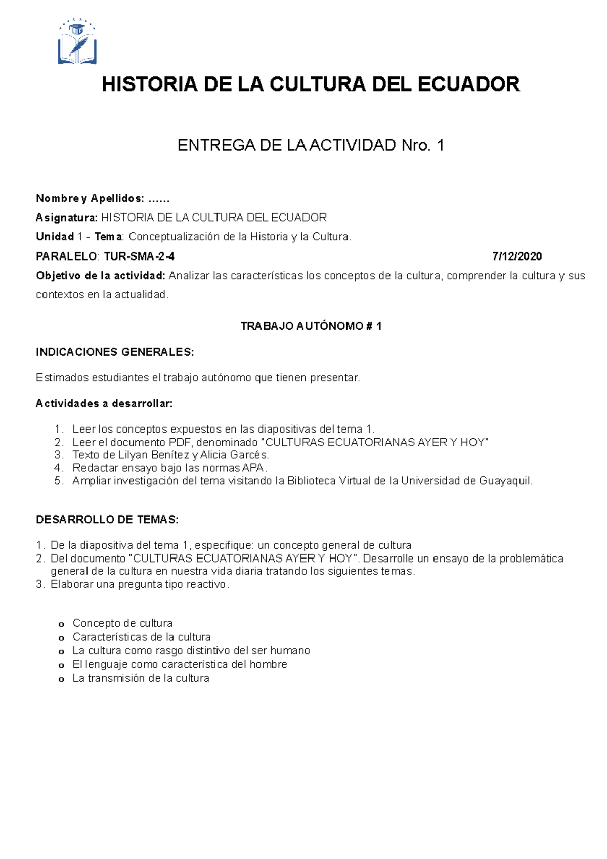 CII Actividad 1.- Cultura 2-4 - HISTORIA DE LA CULTURA DEL ECUADOR ...