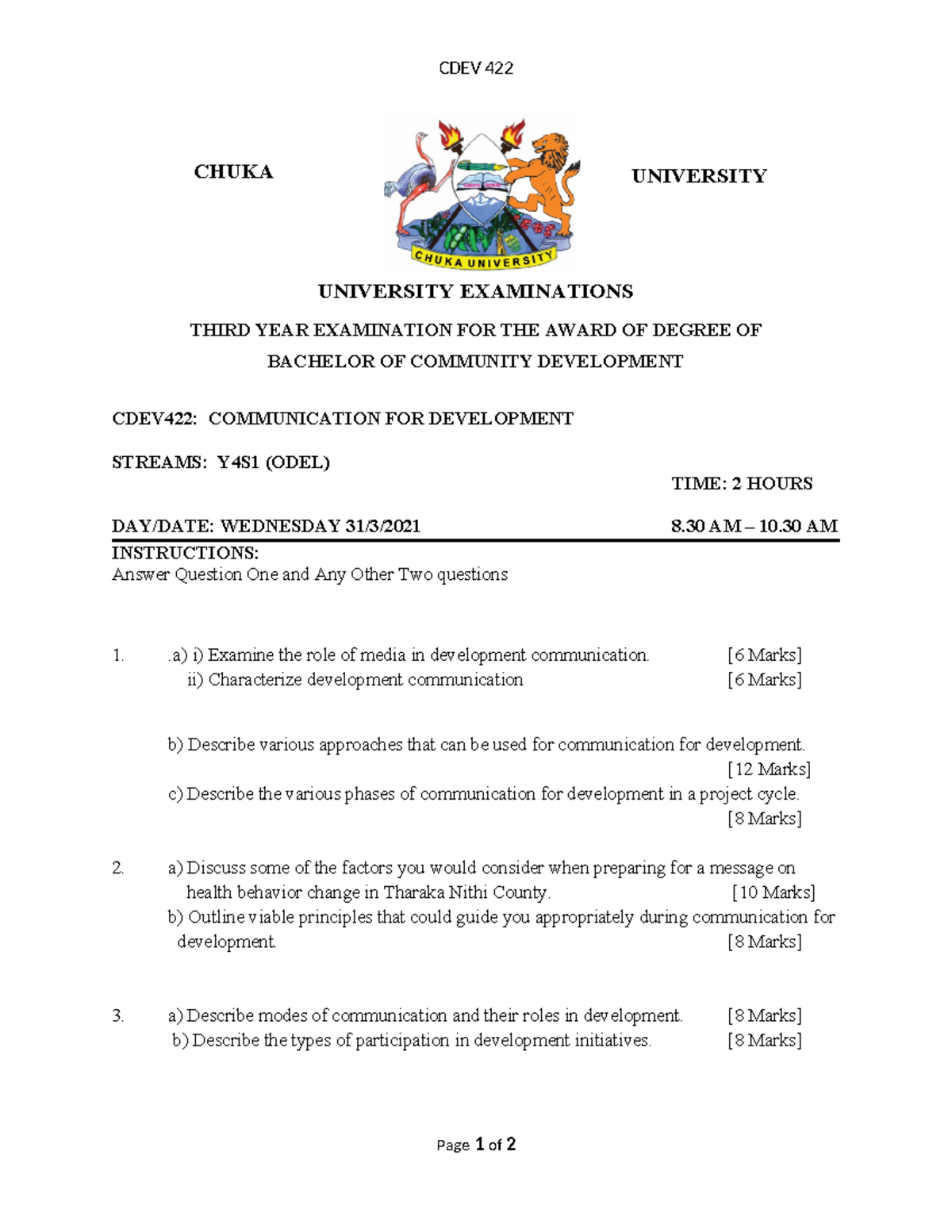 CDEV 422 - CDEV 422 CHUKA UNIVERSITY UNIVERSITY EXAMINATIONS THIRD YEAR ...