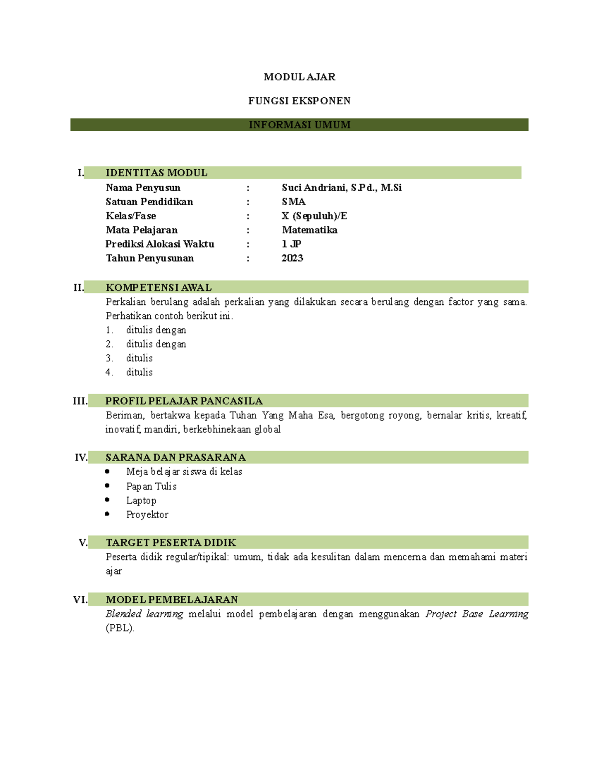 Modul AJAR - MODUL AJAR FUNGSI EKSPONEN INFORMASI UMUM I. IDENTITAS ...