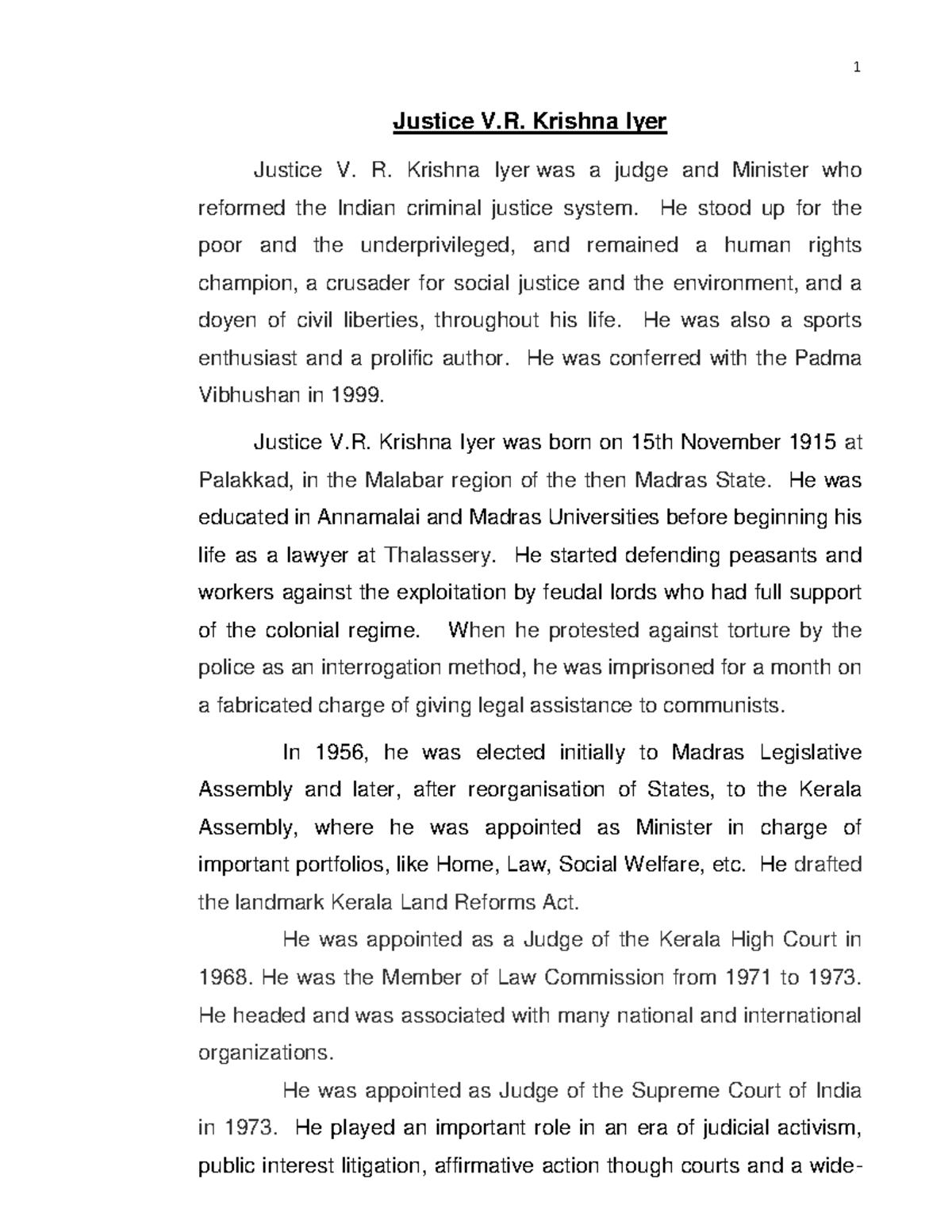 2015-02-02 - JUS VR Krishna IYER 0 - Justice V. Krishna Iyer Justice V ...